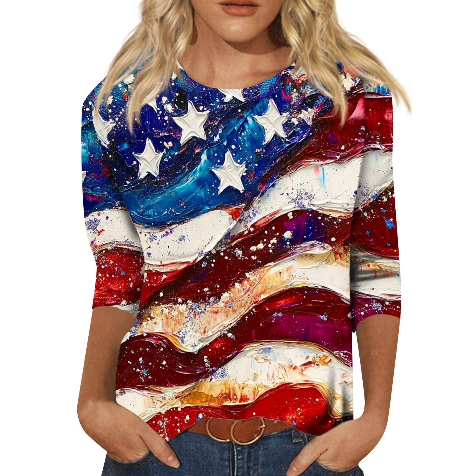 Dorkasm Womens Red White and Blue Tops Trendy 3/4 Sleeve USA Flag ...