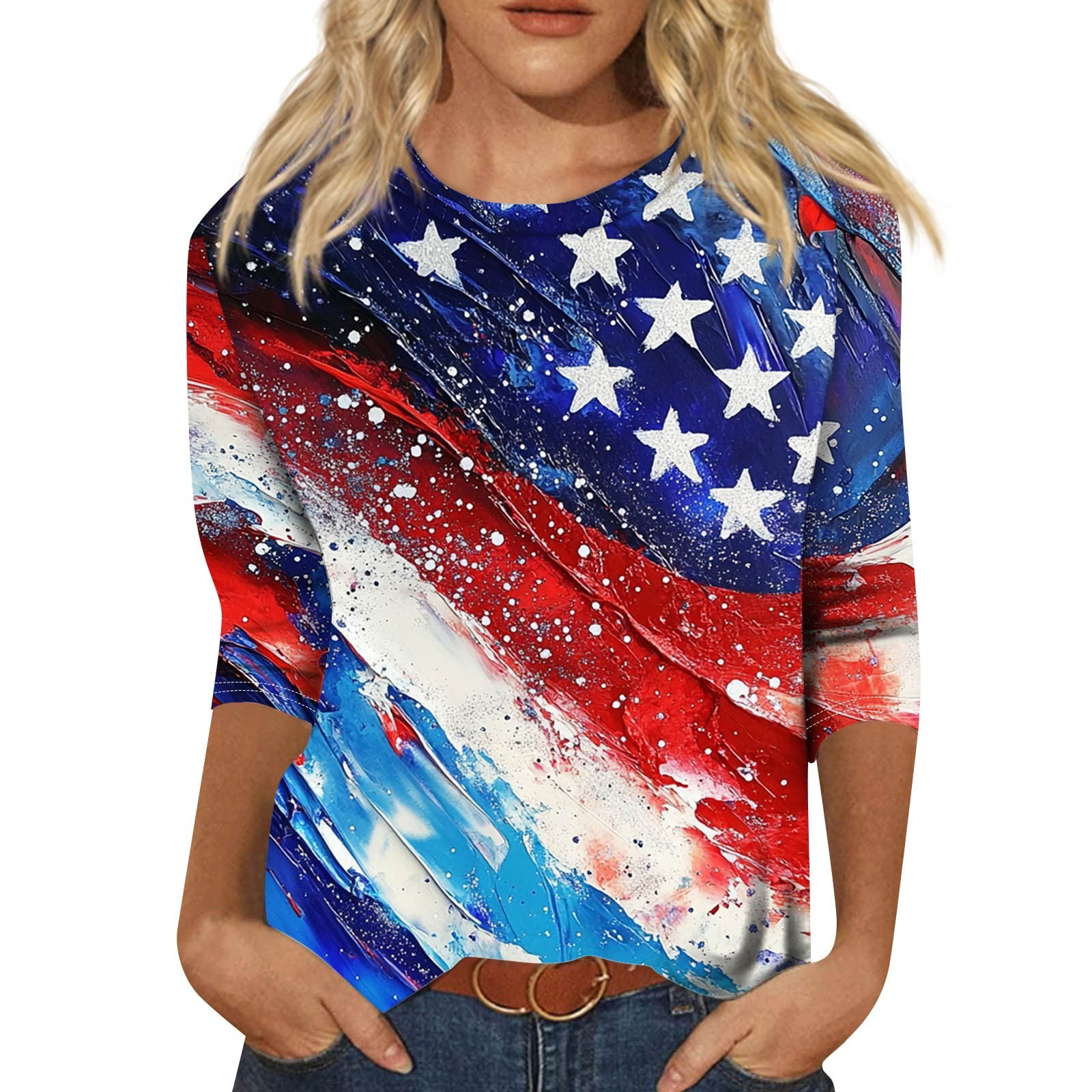 Dorkasm Womens Red White and Blue Tops Trendy 3/4 Sleeve USA Flag ...