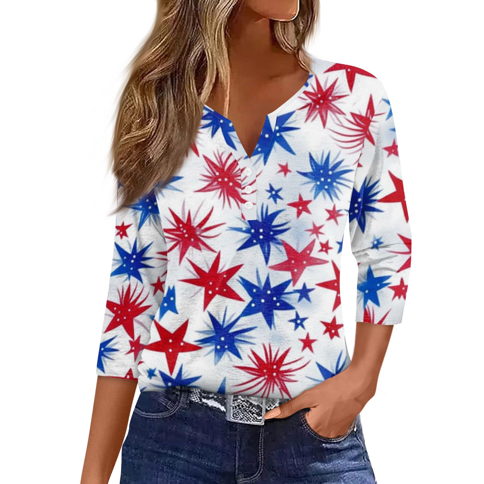 Dorkasm Womens USA Flag Top Button Down USA Flag 3/4 Sleeve Scrub ...