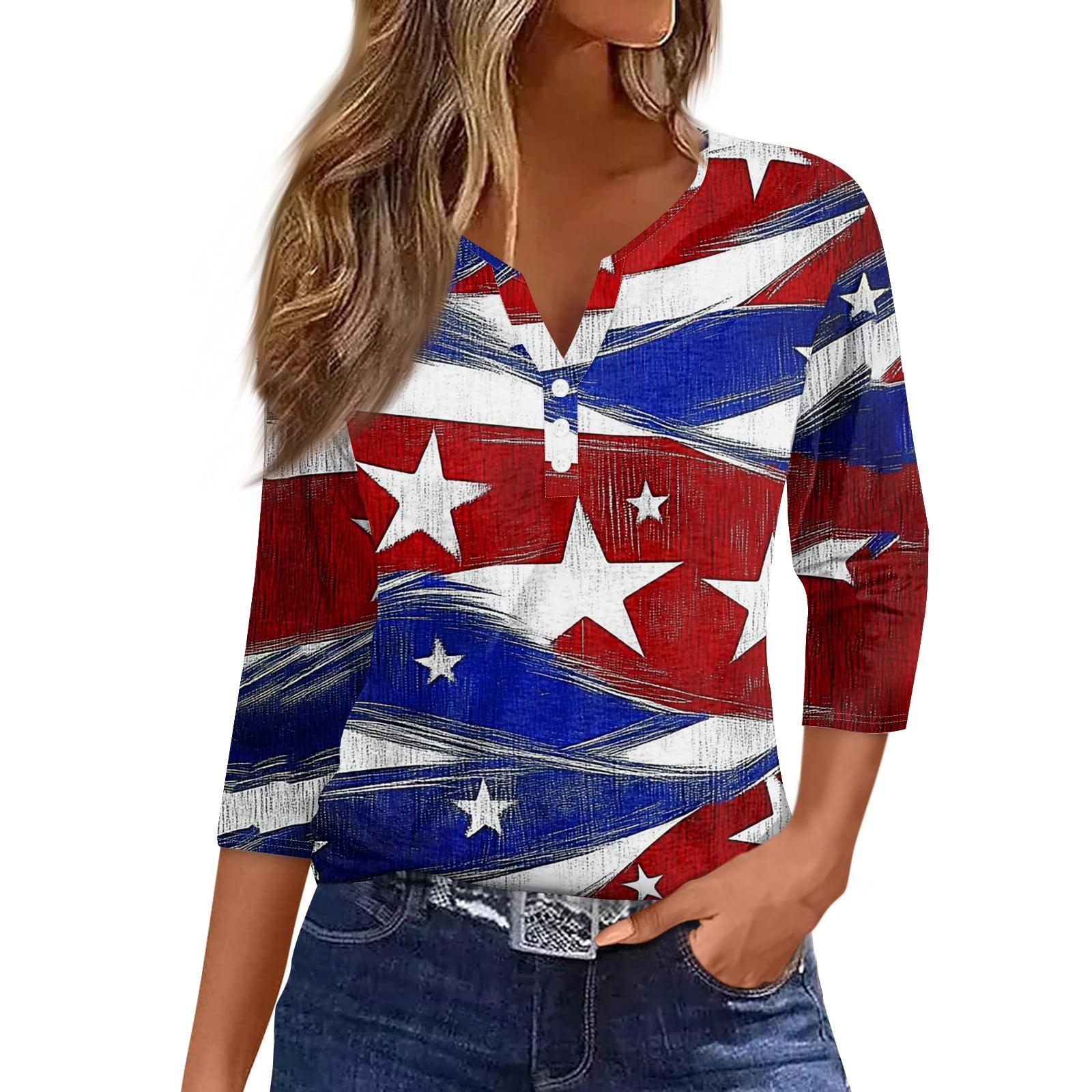 Dorkasm Womens USA Flag Top Button Down USA Flag 3/4 Sleeve Scrub ...