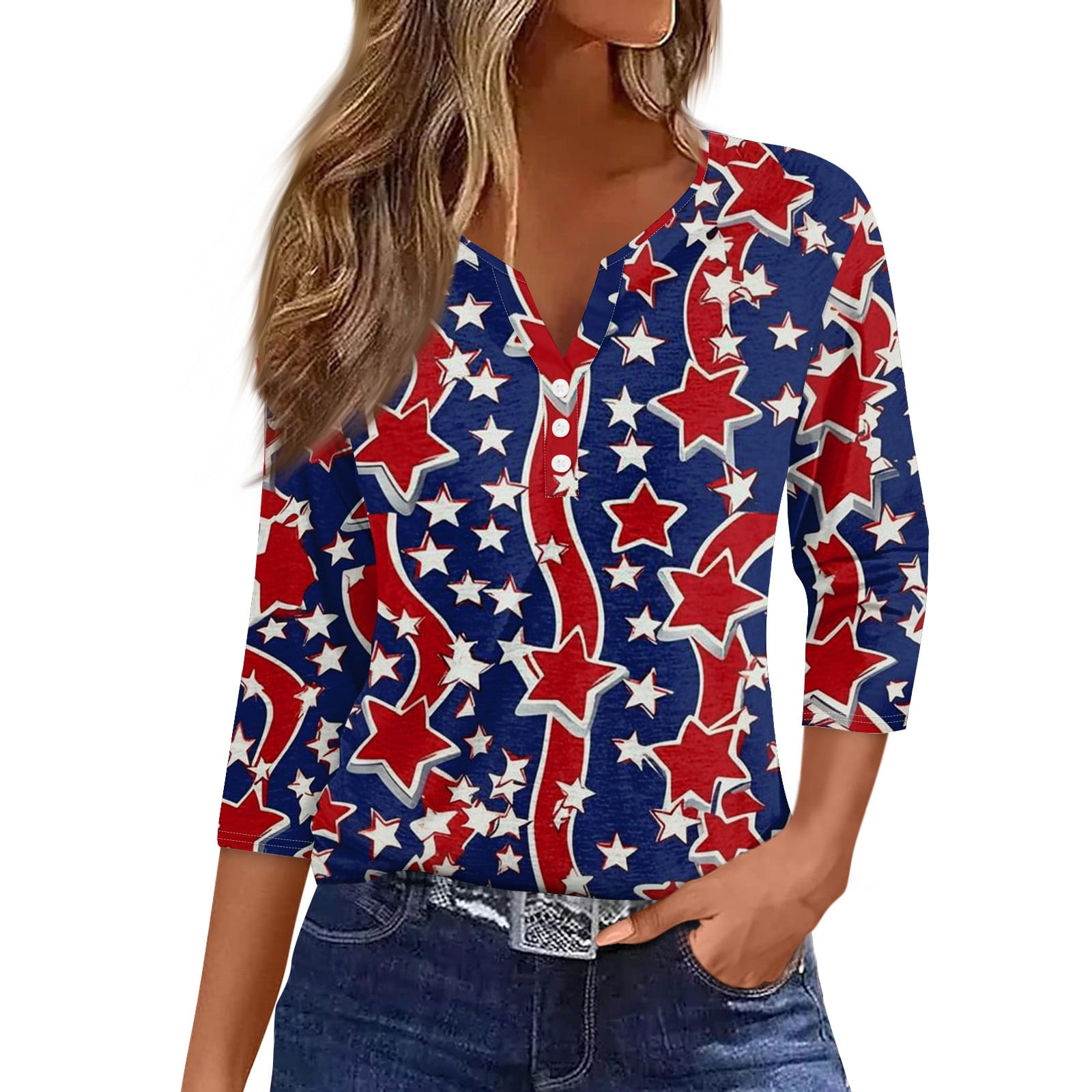 Dorkasm Womens USA Flag Top Button Down USA Flag 3/4 Sleeve Scrub ...
