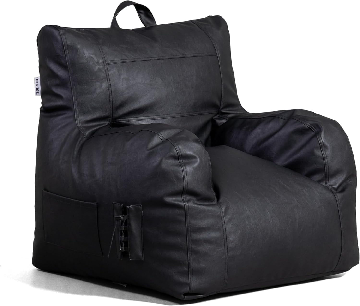 Dorm Bean Bag Chair with Drink Holder and Pocket, Black Vegan Leather ...