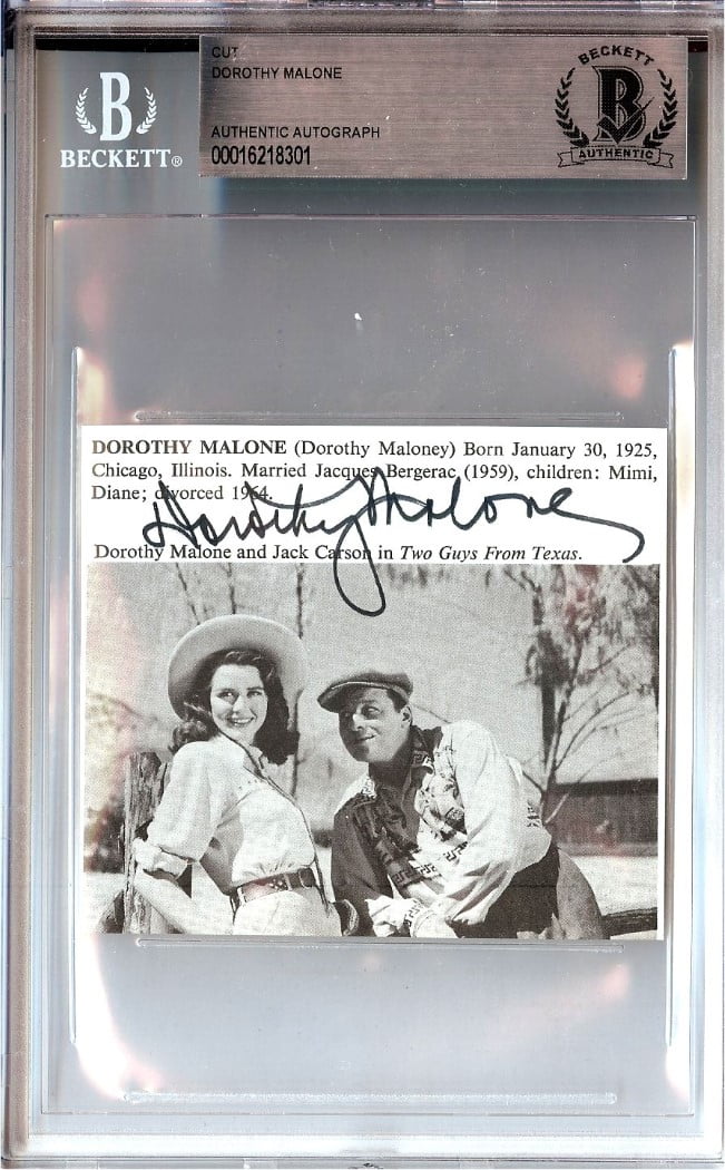 Dorothy Malone Autograph Cut Signature Two Guys from Texas BAS Encased ...