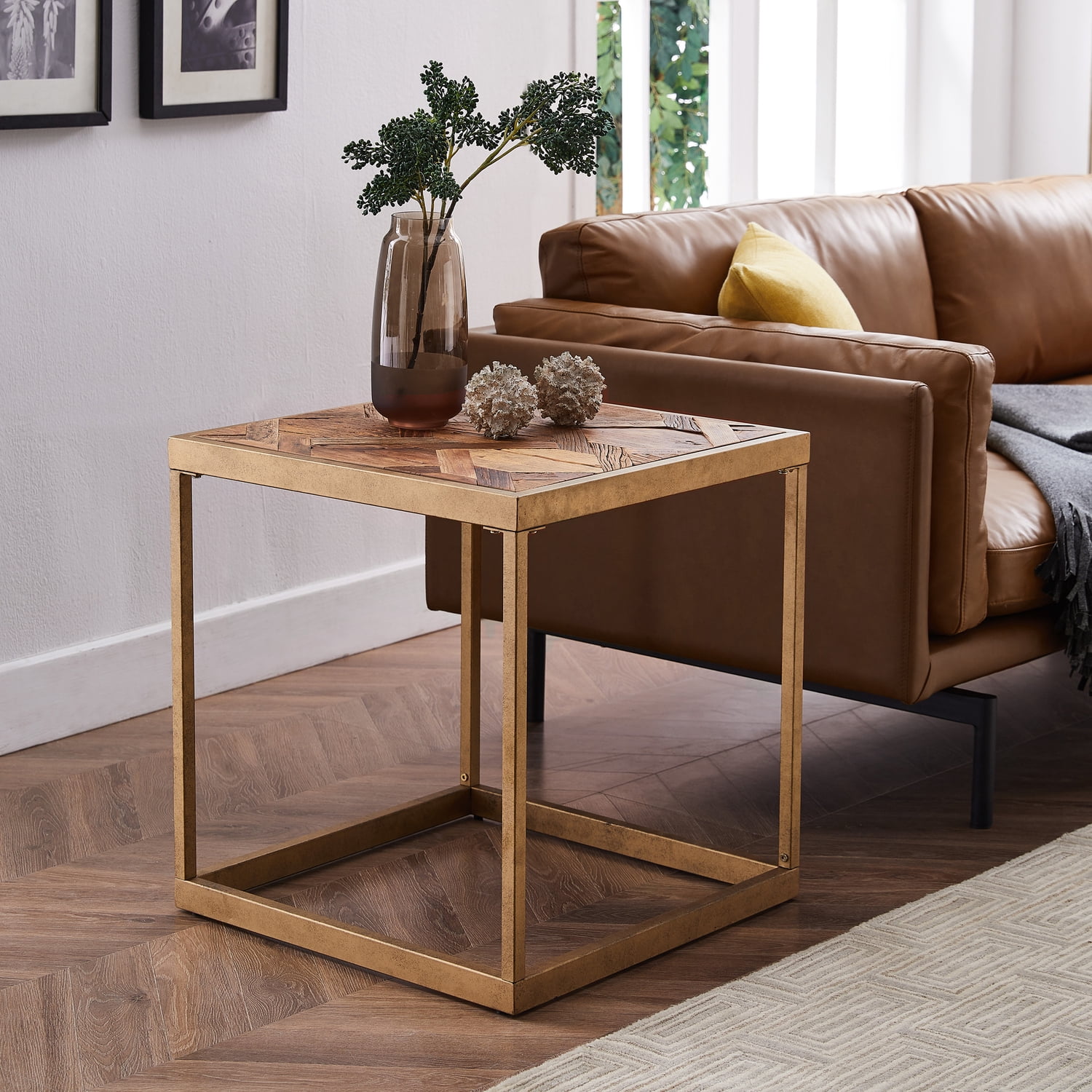 SEI Furniture Dorville Patchwork Wood Top End Table in Brass - Walmart.com