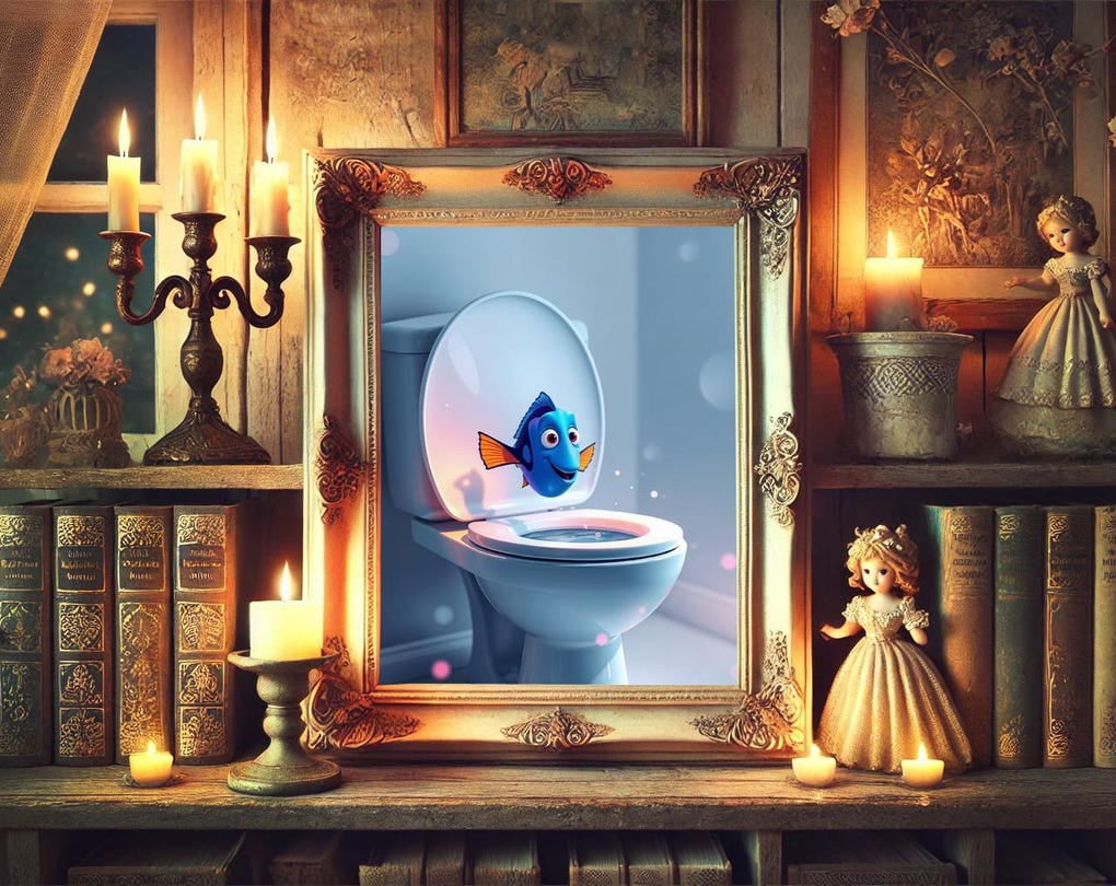 Dory Finding Nemo Swimming Out Of Toilet Bathroom Art Print, Dory ...