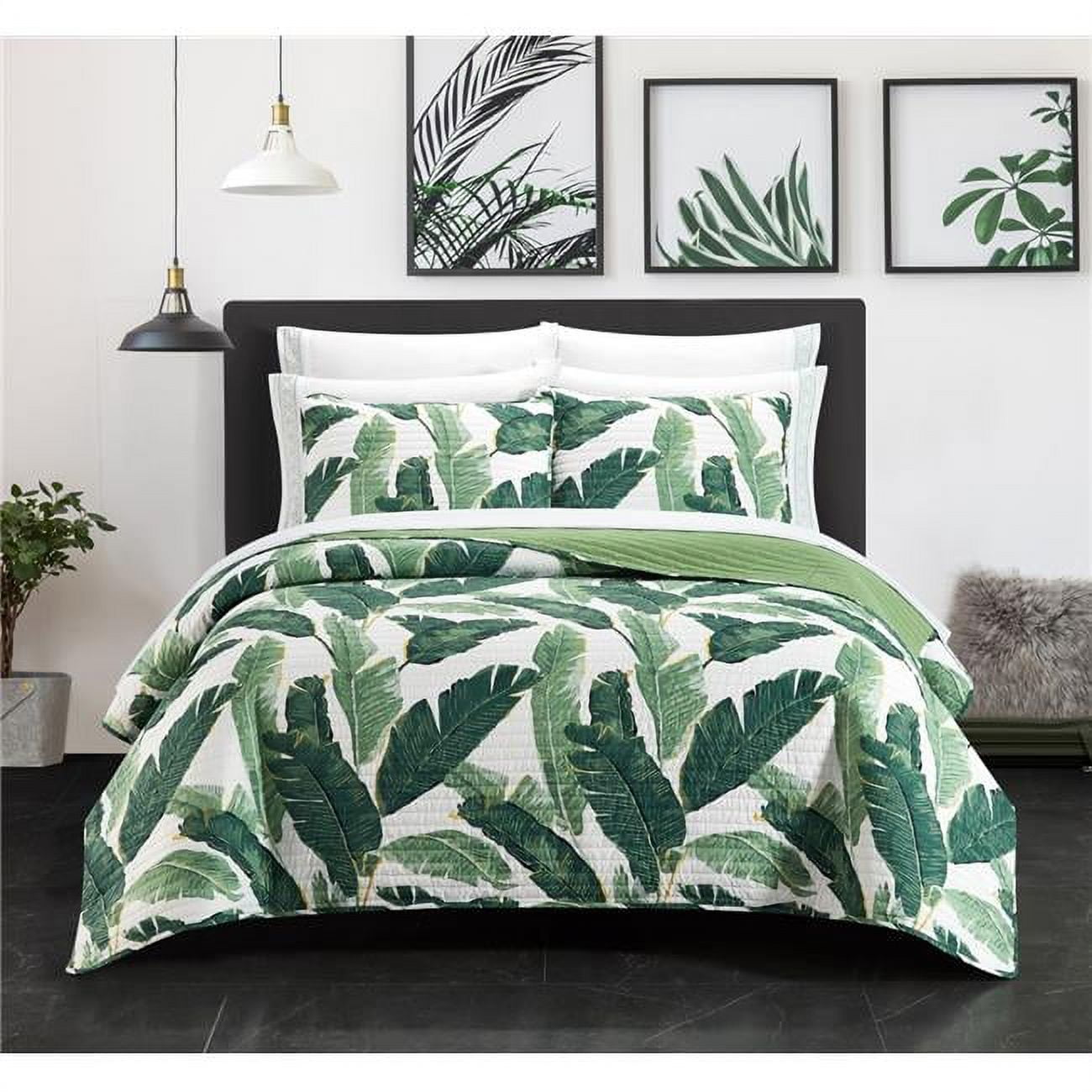 Dos Palmas Stitched Palm Tree Print Bed in A Bag Quilt Set, Green ...
