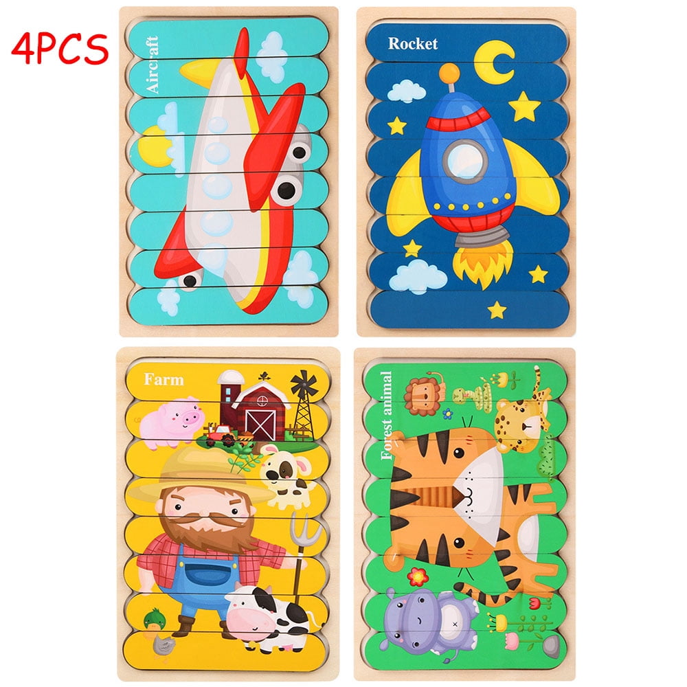 Dosaele 4Pcs Kids Educational Cognition Double-sided Cartoon Animal ...