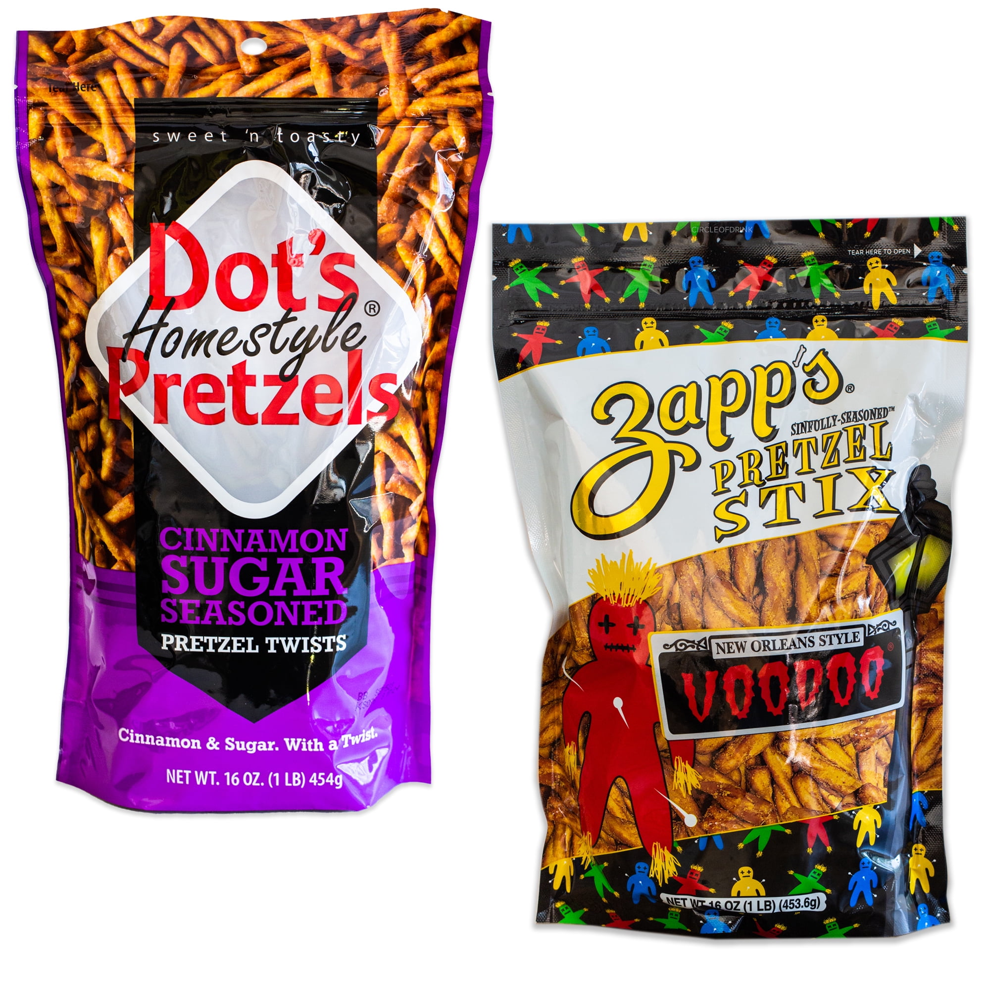 Dot's Cinnamon Sugar Pretzel Twists - Variety Pack - Zapp's Voodoo Pretzel Stix - 2, 16oz bags ...
