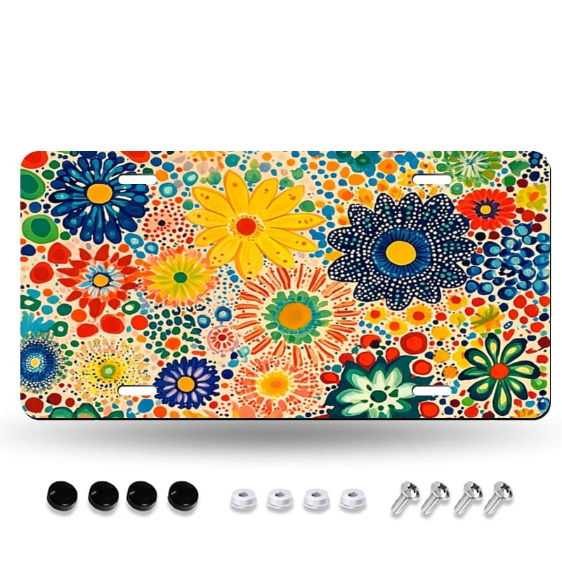 Dotted Flowers in Mosaic Of Bright Colors License Plate Frame ...