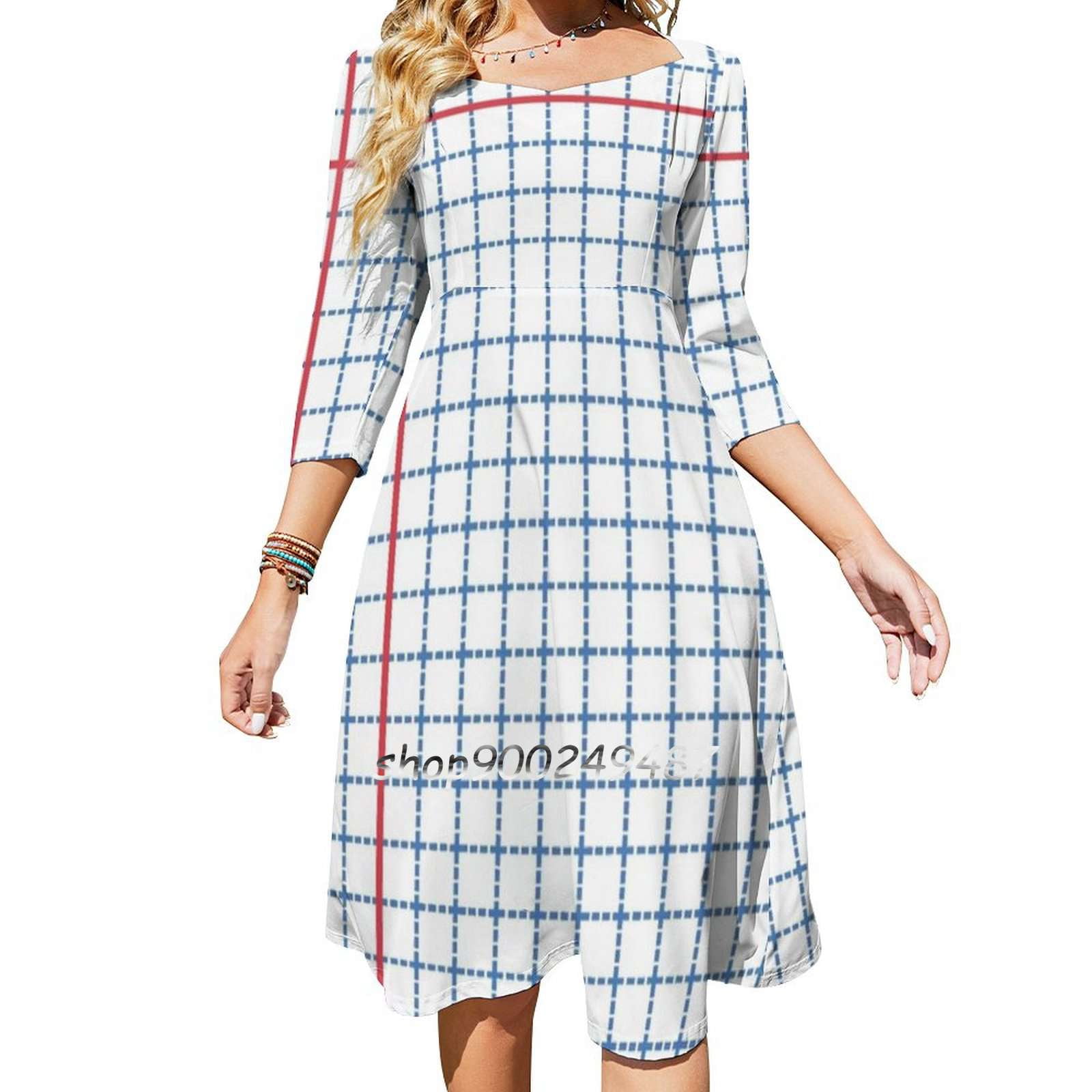 Dotted Grid With Red Square Neck Dress Sweet Summer Dress Women Elegant ...