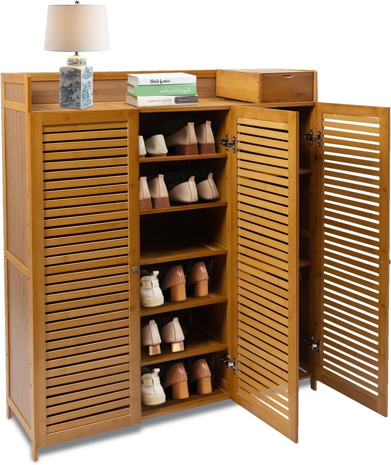 DouSeiAi 7-Tier Shoe Storage Cabinet, Natural Bamboo Shoe Storage with ...
