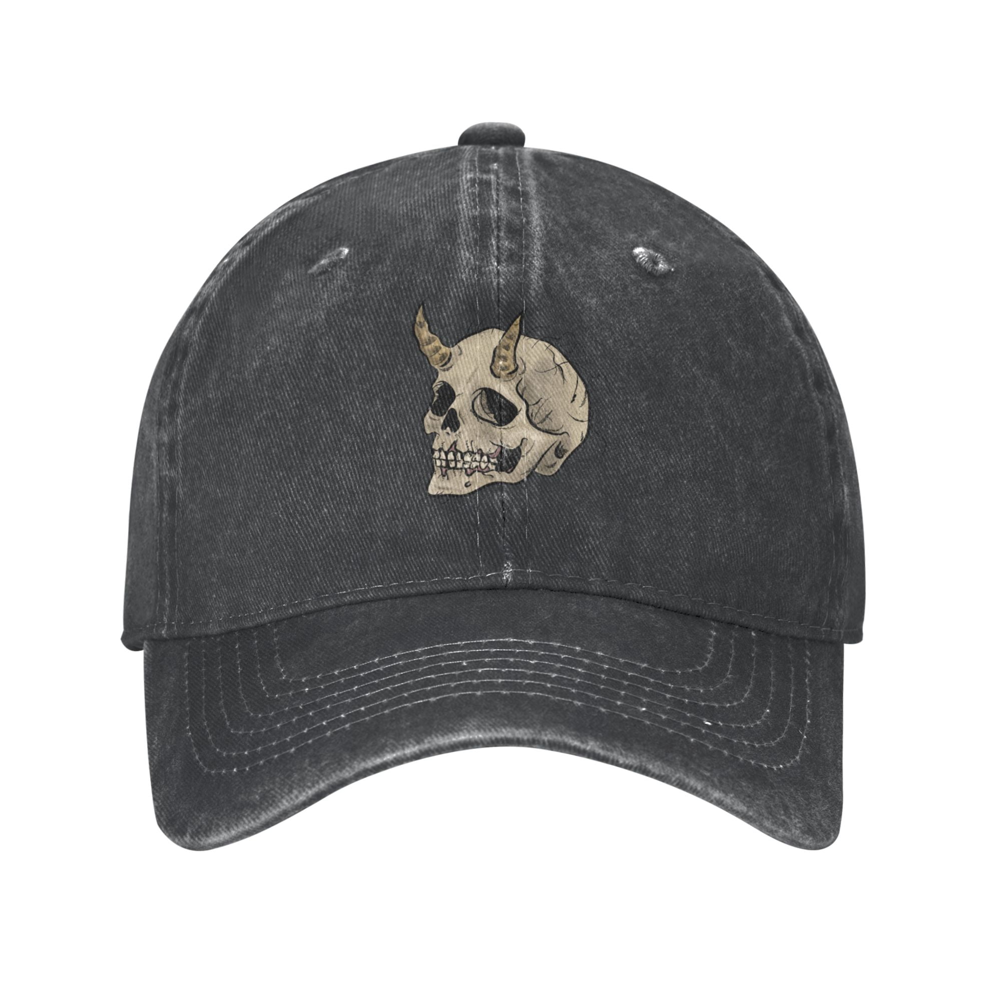 DouZhe Adjustable Washed Cotton Baseball Cap - Gothic Skull Demon Horns ...