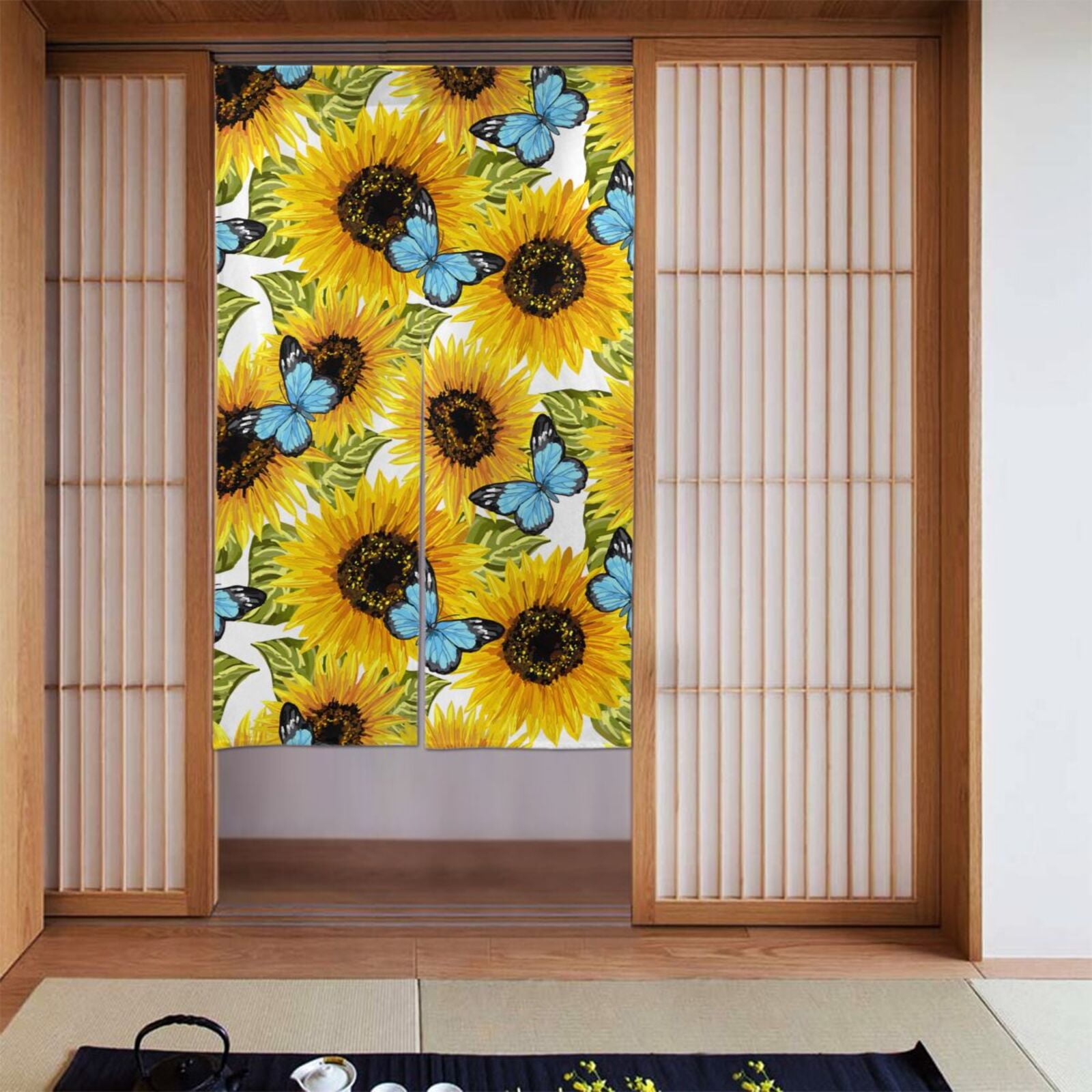 DouZhe Doorway Drape Split Curtains, Blue Butterflies Sunflowers Room ...