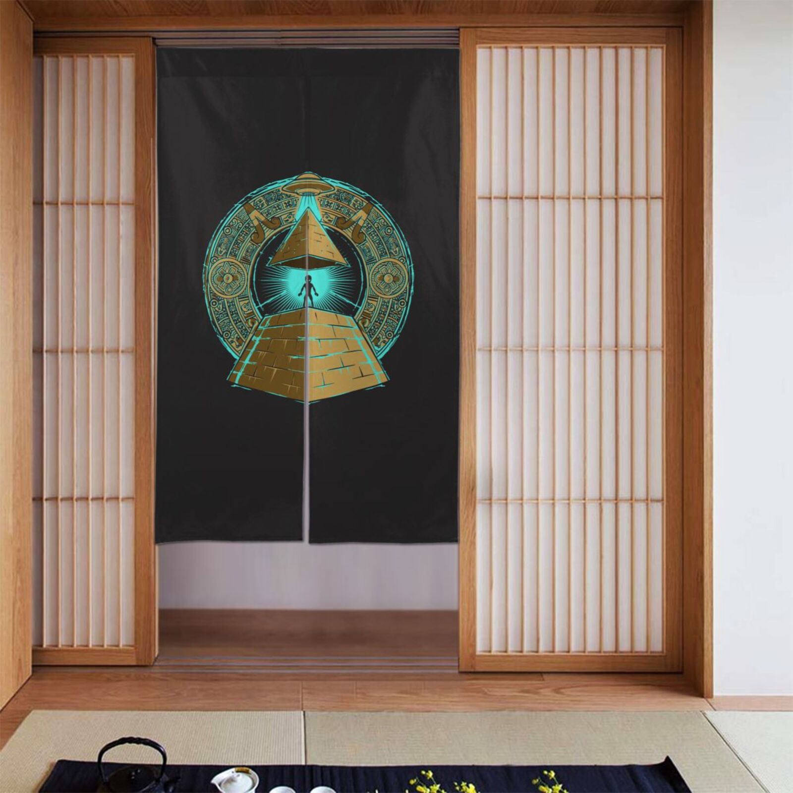 DouZhe Doorway Drape Split Curtains, Cartoon Pyramid Ufo Alien Pattern ...