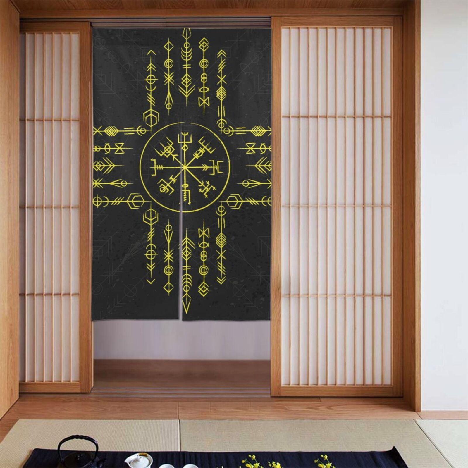 DouZhe Doorway Drape Split Curtains, Dark Runic Yellow Symbols Pattern ...