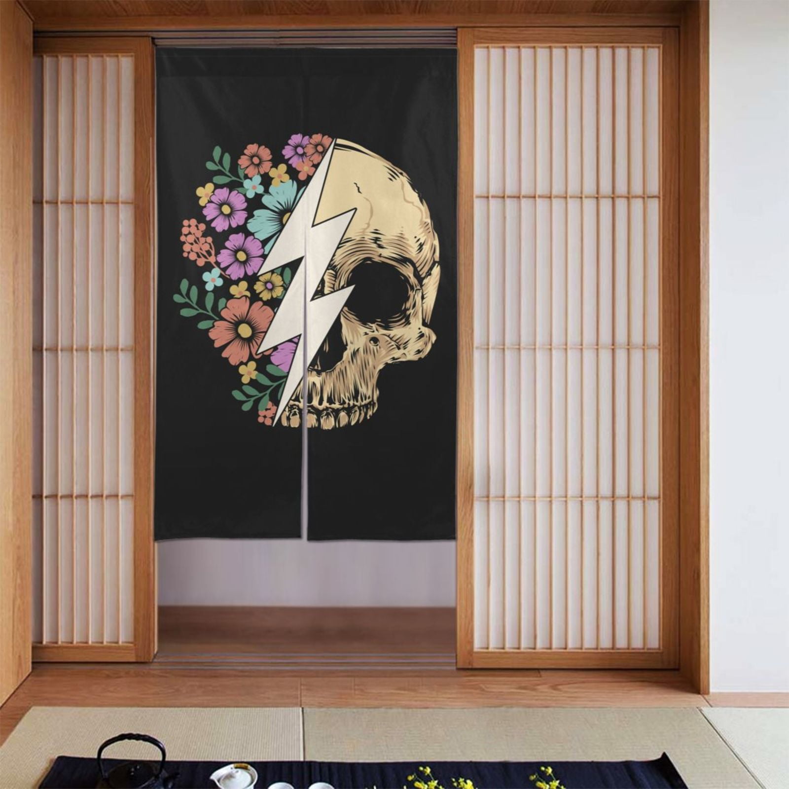 DouZhe Doorway Drape Split Curtains, Floral Rose Skull Skeleton Room ...