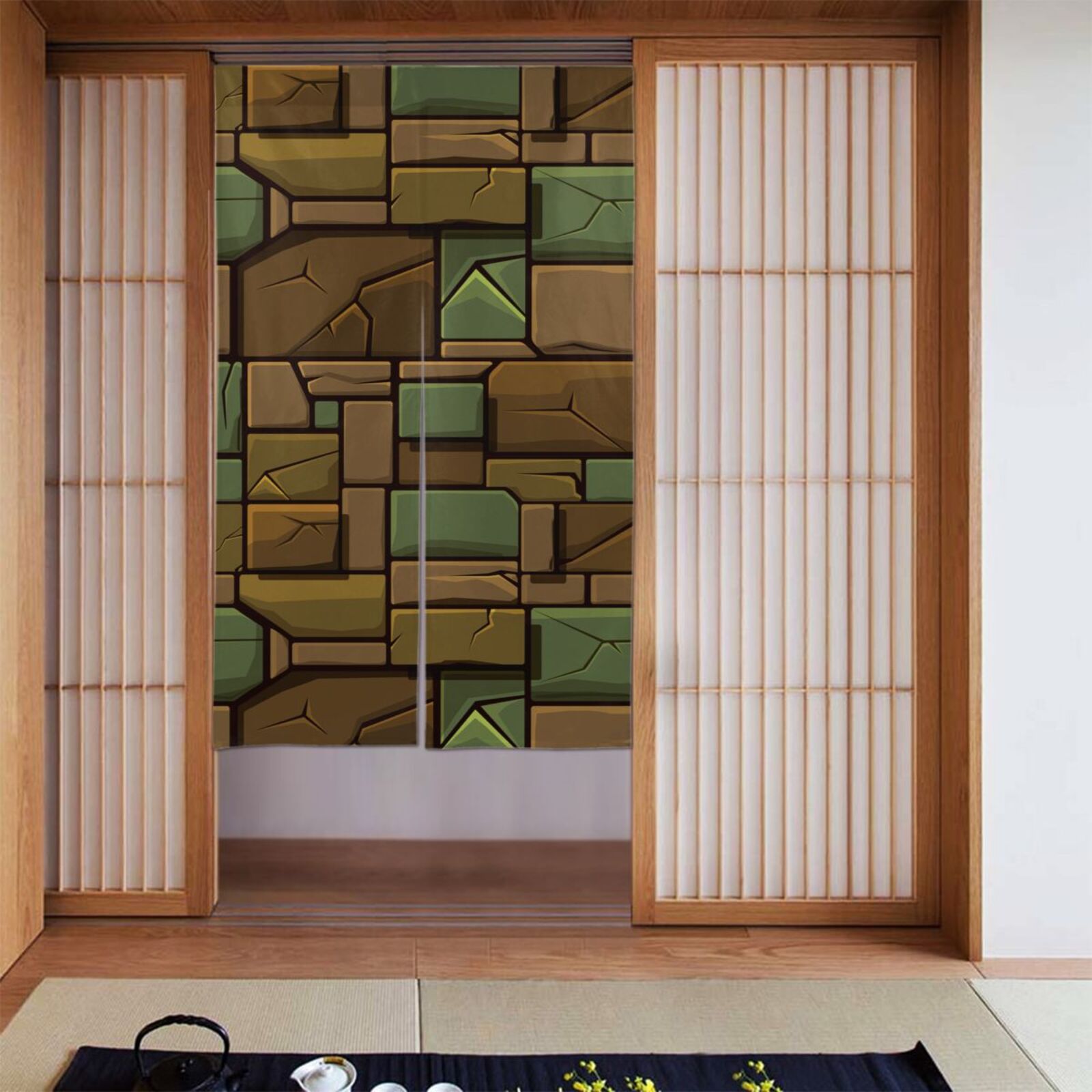 DouZhe Doorway Drape Split Curtains, Geometric Rock Wall Tiles Pattern ...