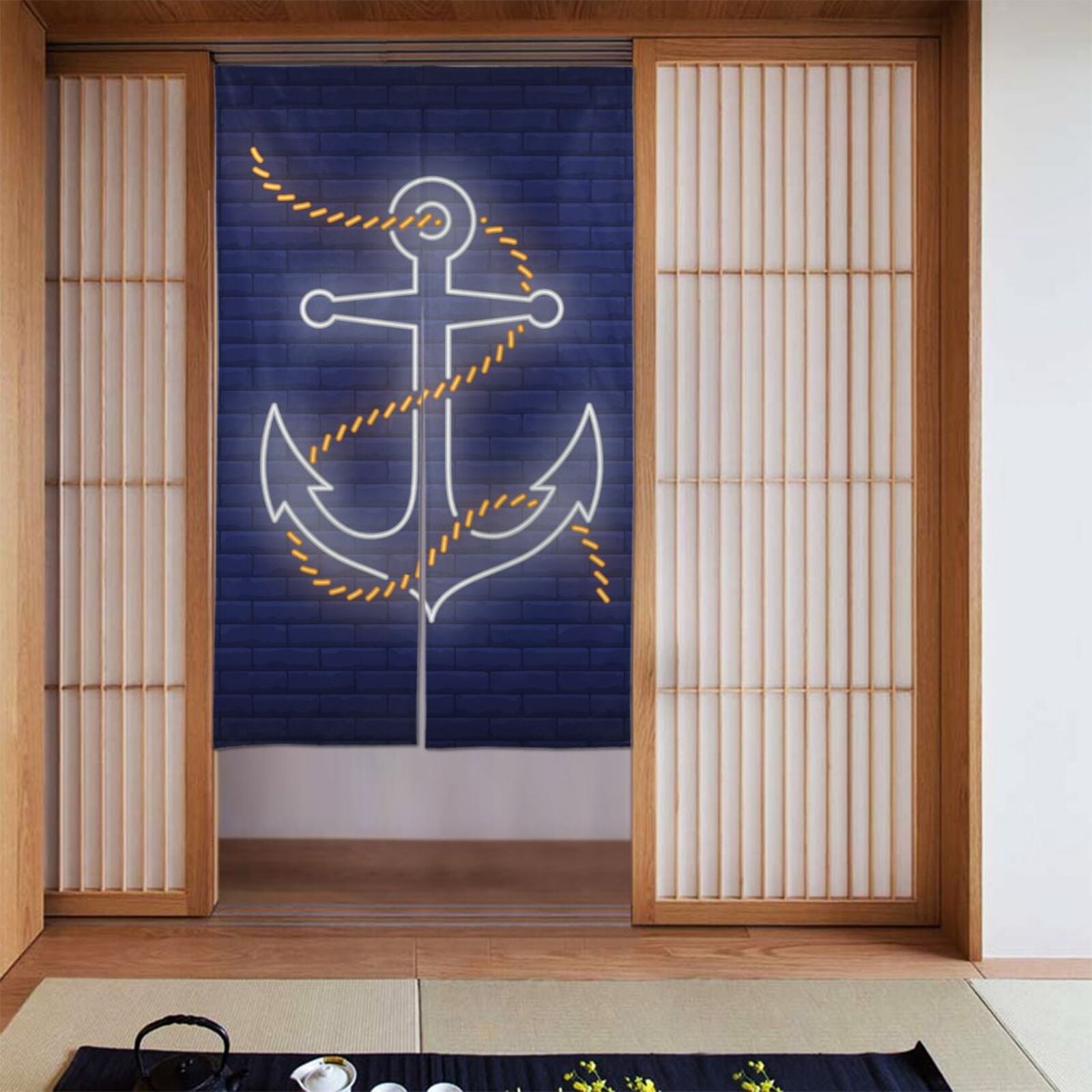 DouZhe Doorway Drape Split Curtains, Nautical Rope Anchor Neon Pattern ...