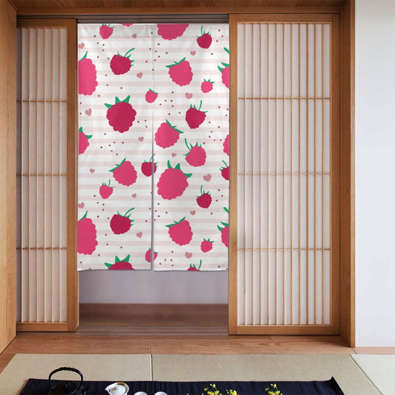 DouZhe Doorway Drape Split Curtains, Pink Raspberries Fruits Pattern ...
