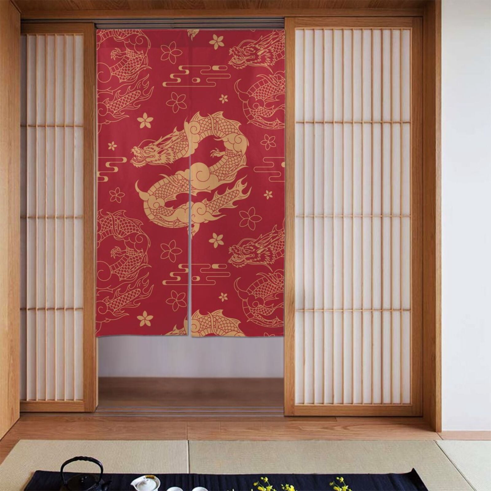 DouZhe Doorway Drape Split Curtains, Red Chinese Dragon Room Divider ...