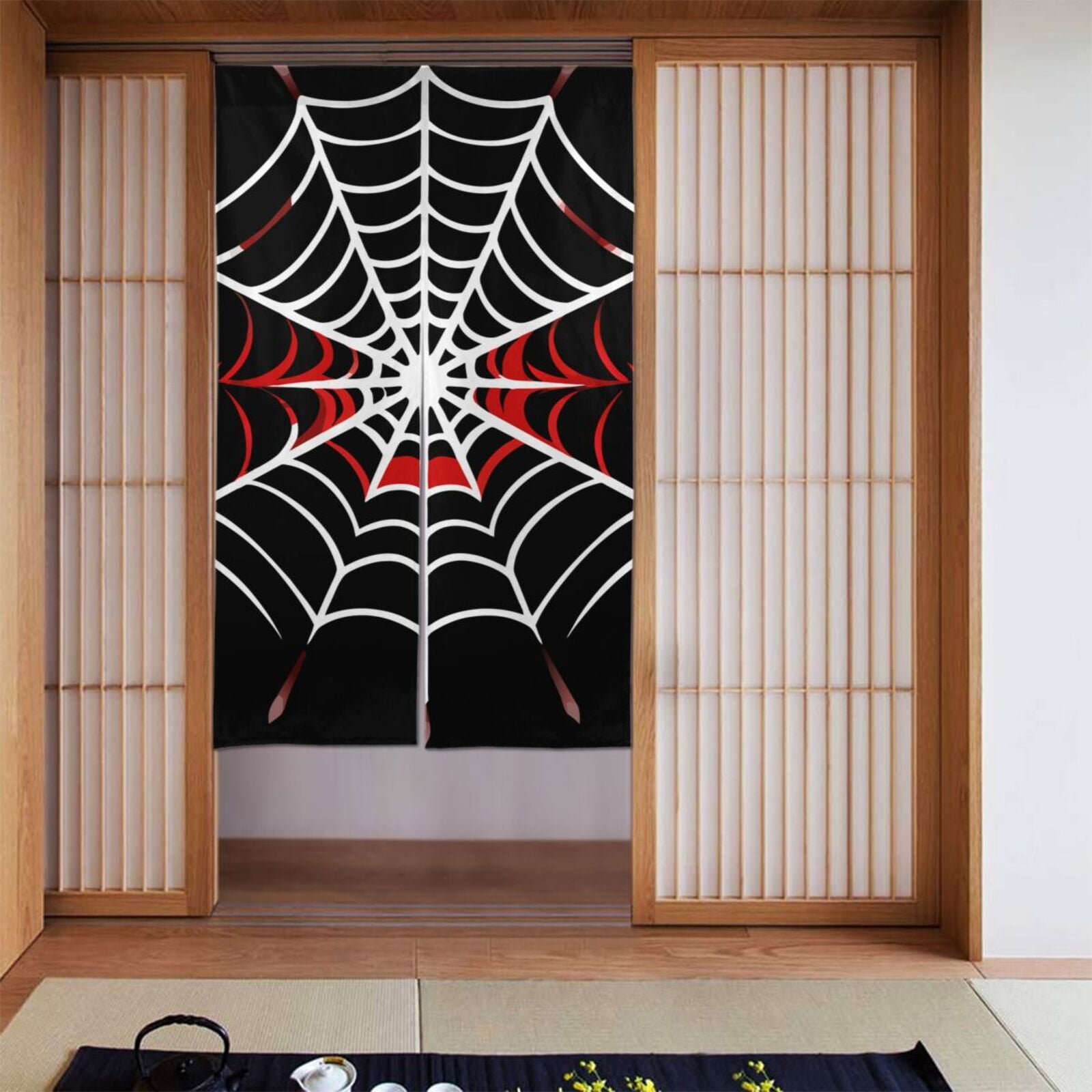 DouZhe Doorway Drape Split Curtains, Red White Spider Web Pattern Room ...