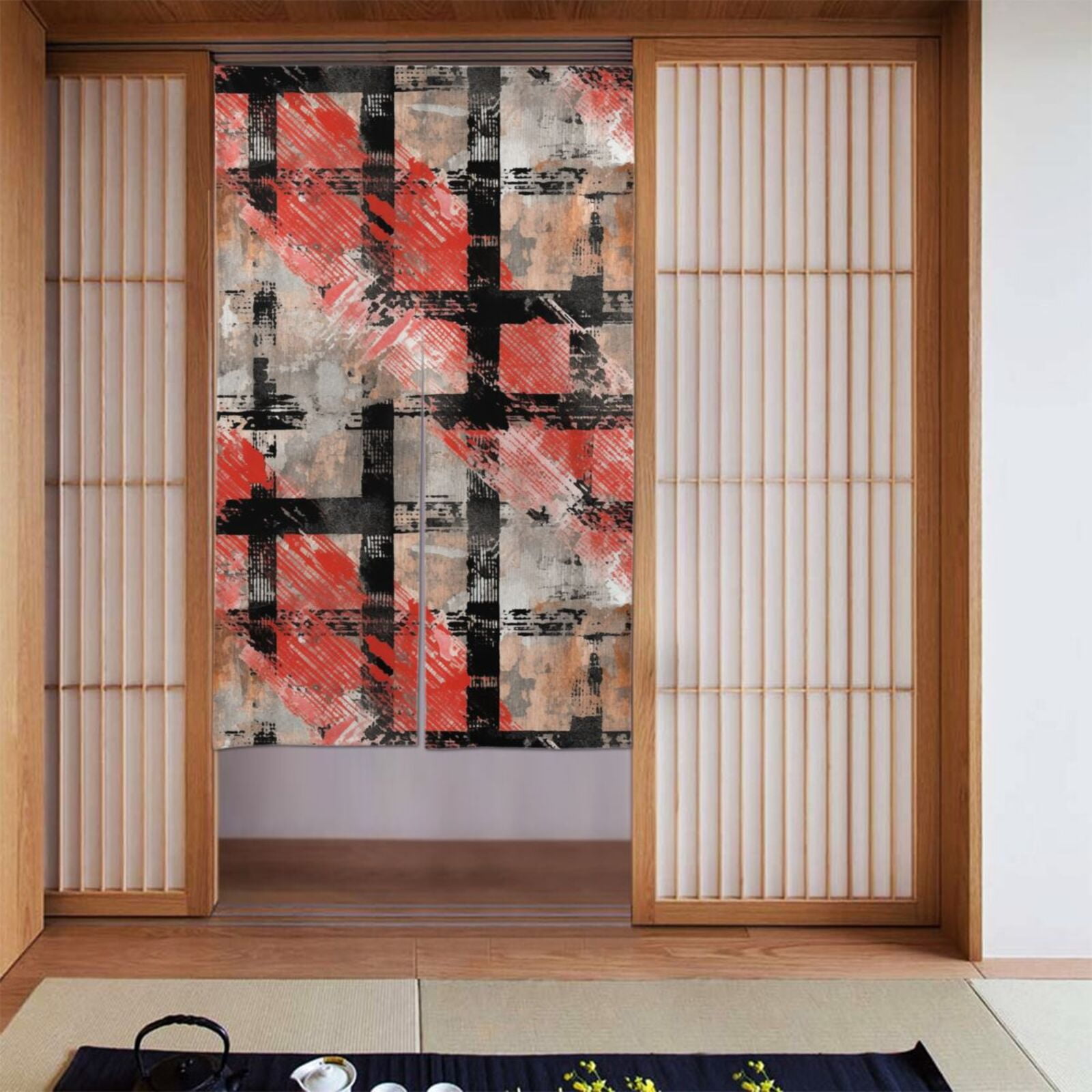 DouZhe Doorway Drape Split Curtains, Red and Black Wall Plaid Pattern ...