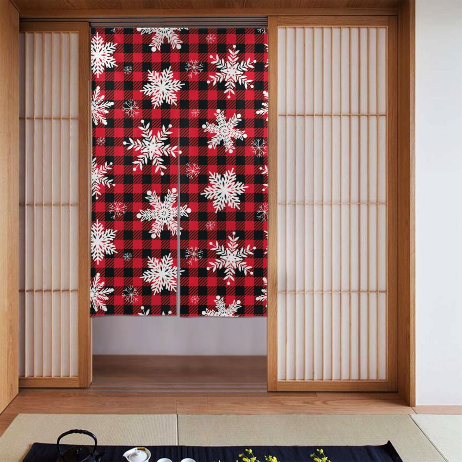DouZhe Doorway Drape Split Curtains, Snowflakes Buffalo Plaid Room ...