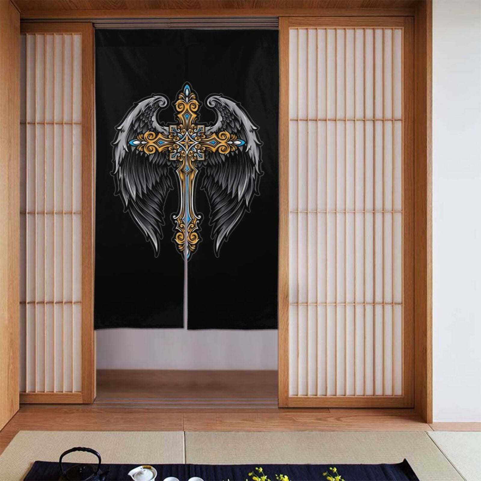 DouZhe Doorway Drape Split Curtains, Vintage Cross Angel Room Divider ...