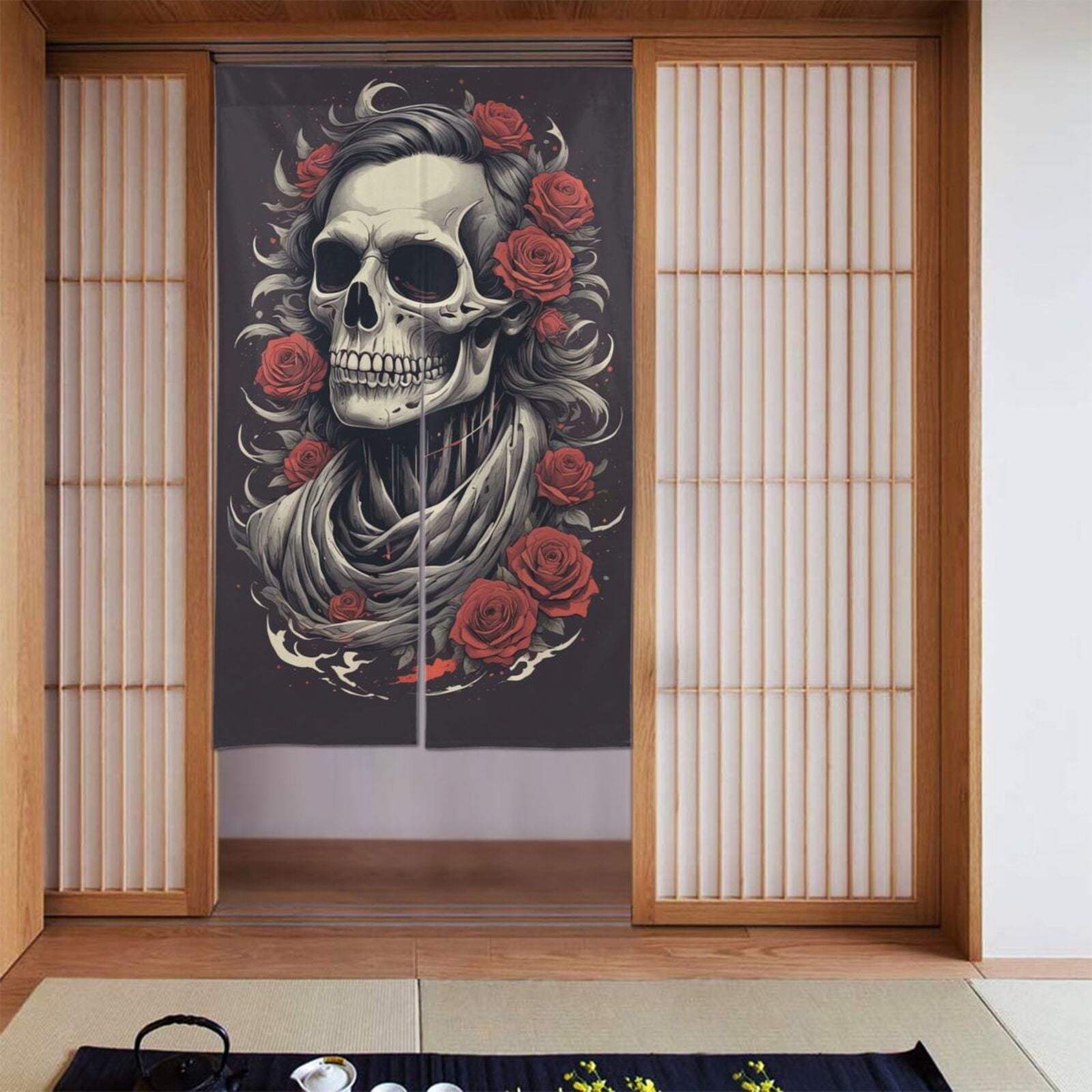 DouZhe Doorway Drape Split Curtains, Vintage Gothic Skull with Roses ...