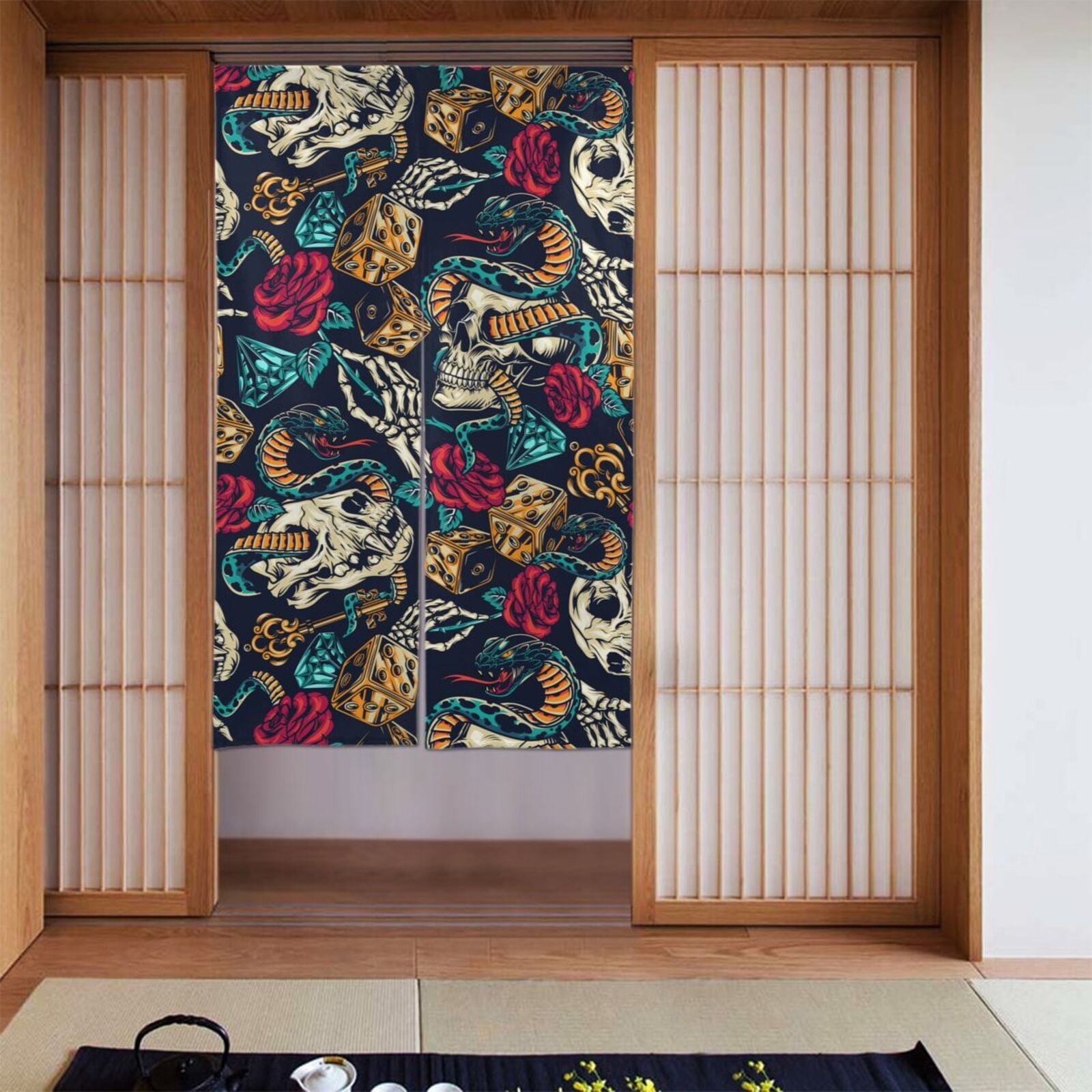 DouZhe Doorway Drape Split Curtains, Vintage Skull Snake Flower Room ...