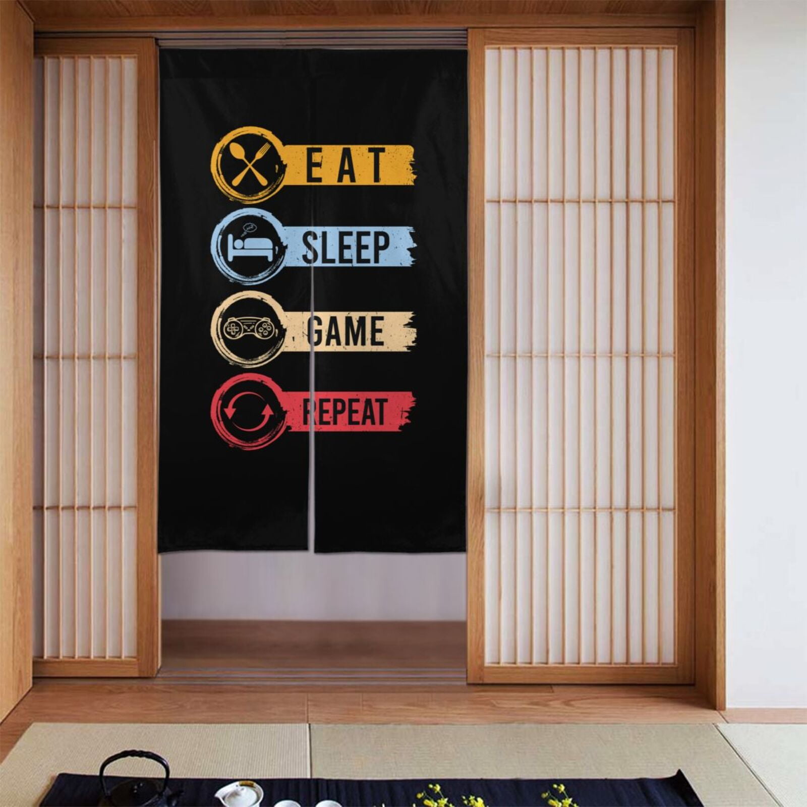 DouZhe Doorway Drape Split Curtains, Vintage Style Eat Sleep Game ...