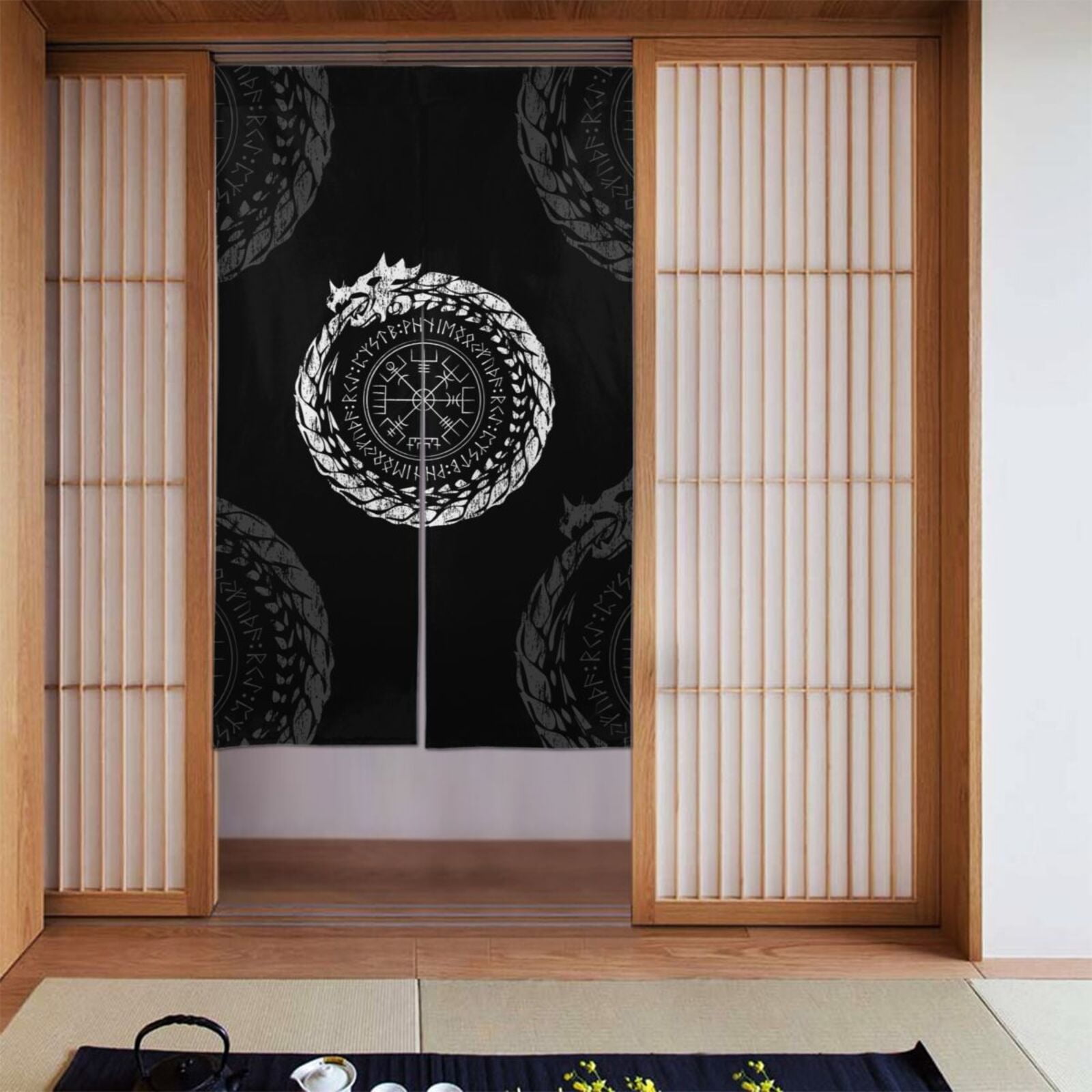 DouZhe Doorway Drape Split Curtains, White Viking Dragon Symbol Pattern ...