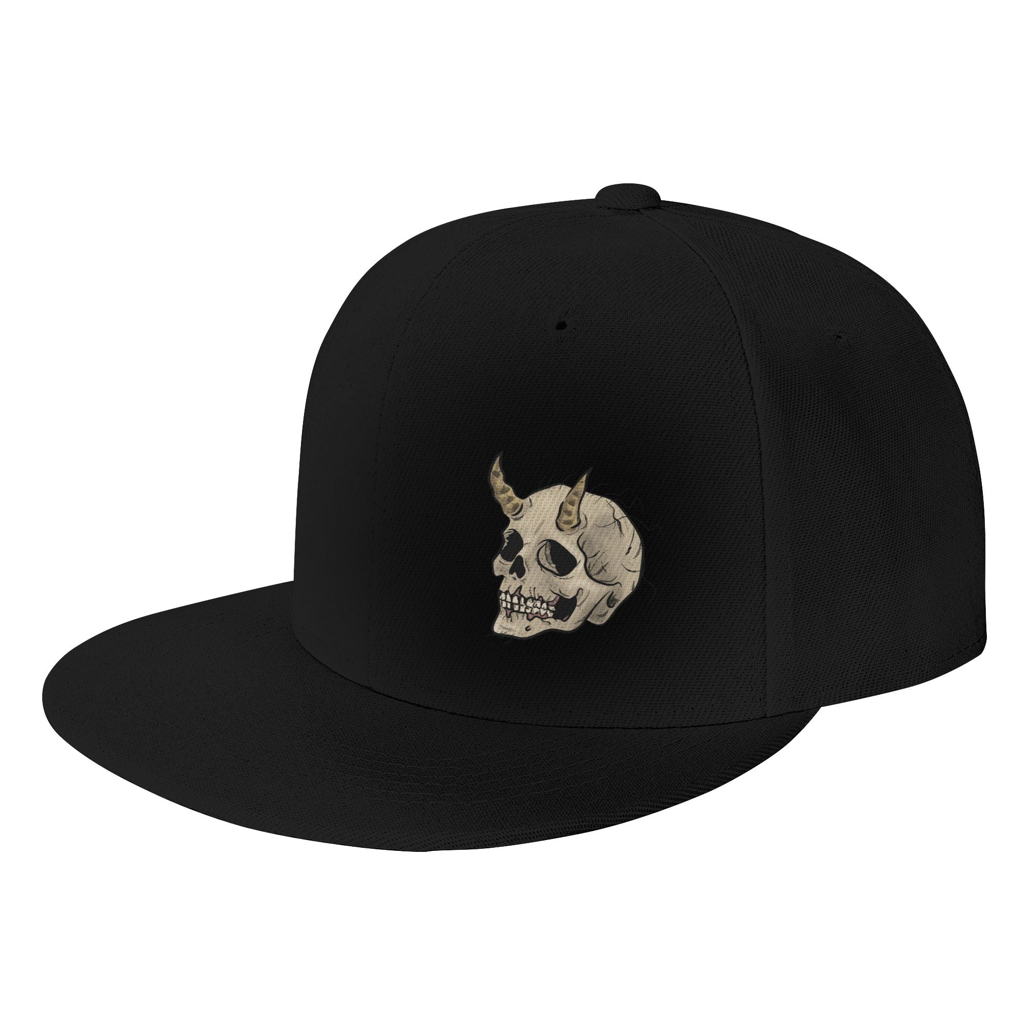 DouZhe Flat Brim Cap Snapback Hat, Gothic Skull Demon Horns Prints ...