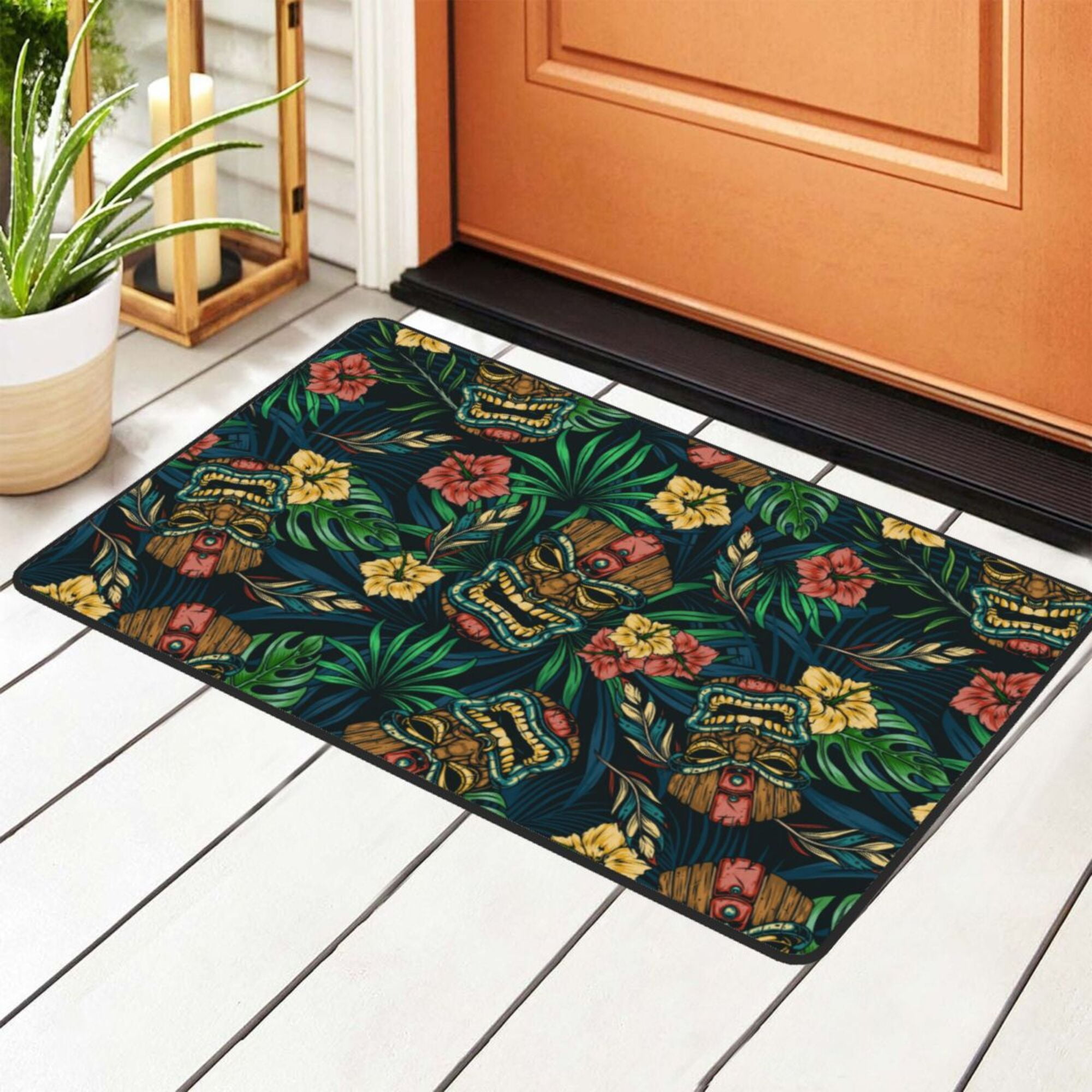 DouZhe Hawaiian Tropical Tiki Mask Rugs Doormat, Non-Slip Machine ...