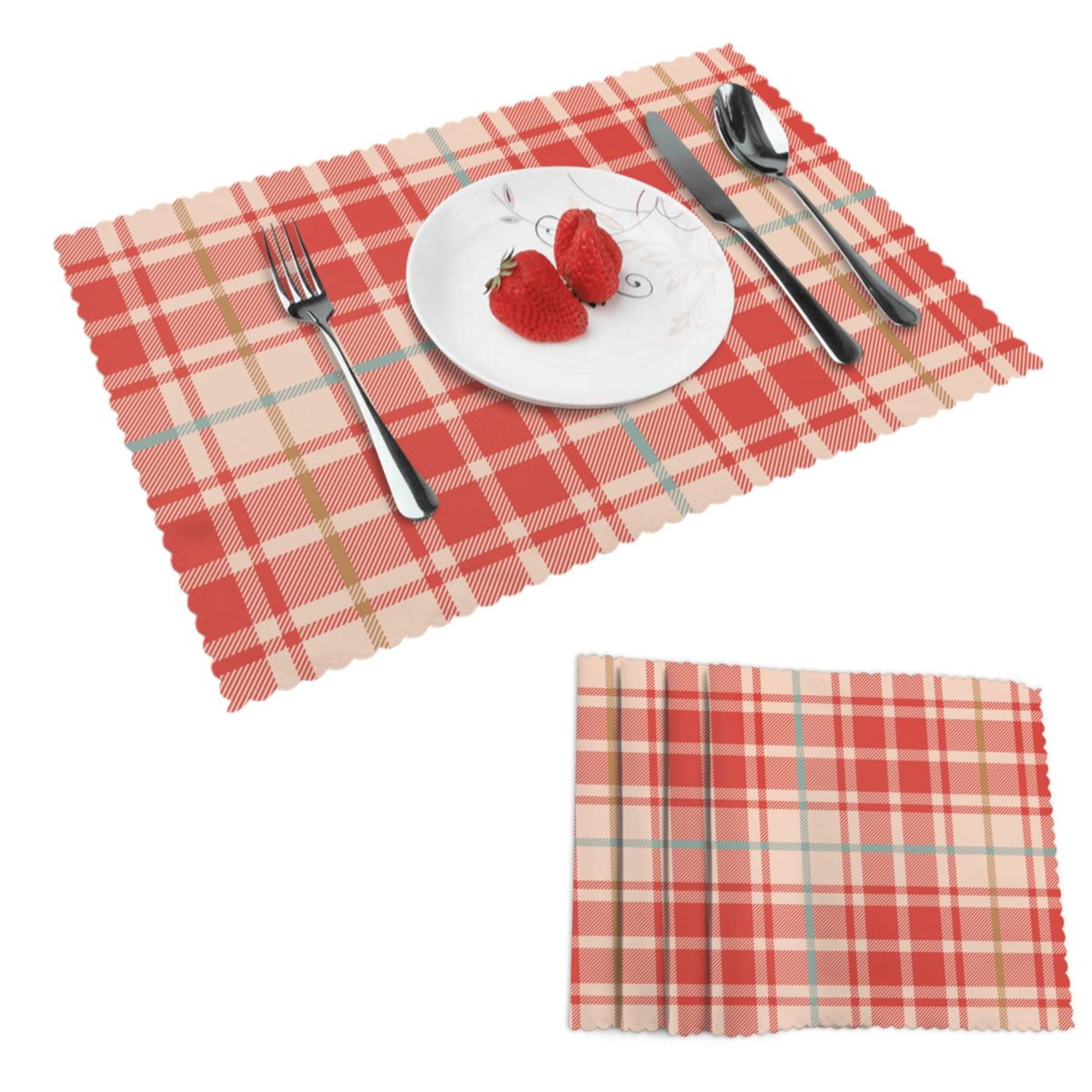 DouZhe Polyester Placemats Set of 4, Beige Red Checkered Plaid Pattern ...