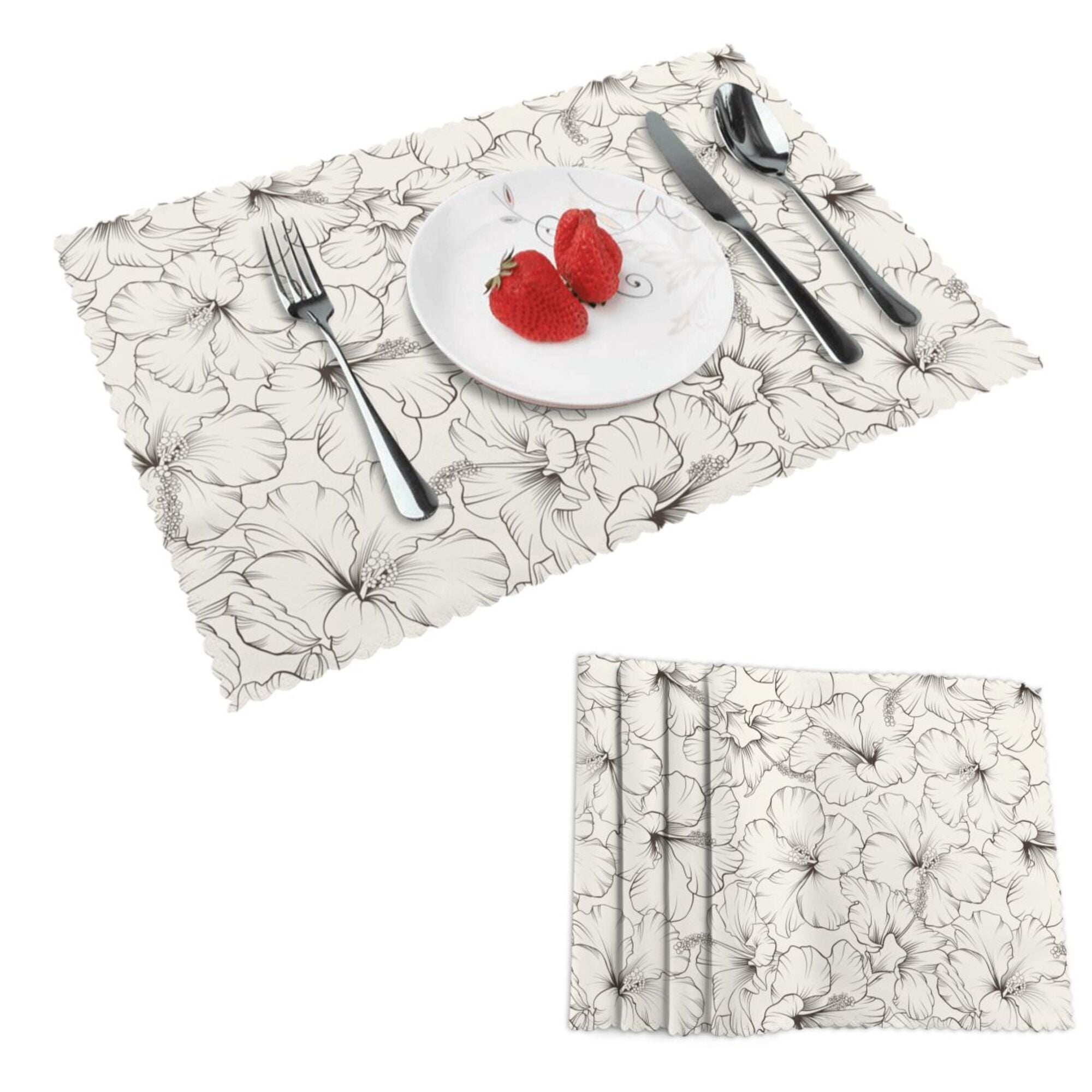 DouZhe Polyester Placemats Set of 4, Beige Sketch Flowers Pattern Heat ...