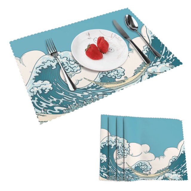 DouZhe Polyester Placemats Set of 4, Big Ocean Sea Japanese Wave ...