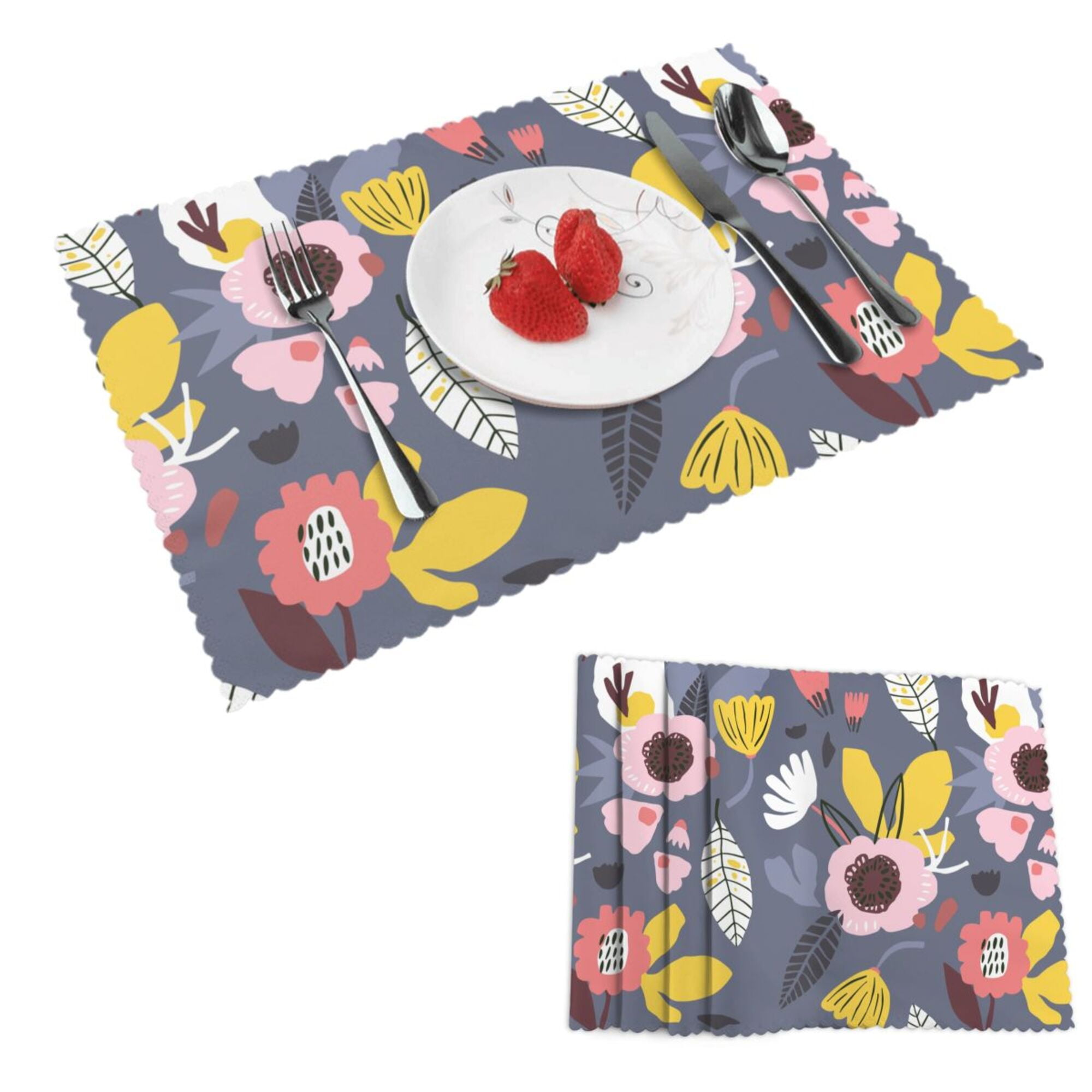 DouZhe Polyester Placemats Set of 4, Blue Floral Watercolor Flowers ...