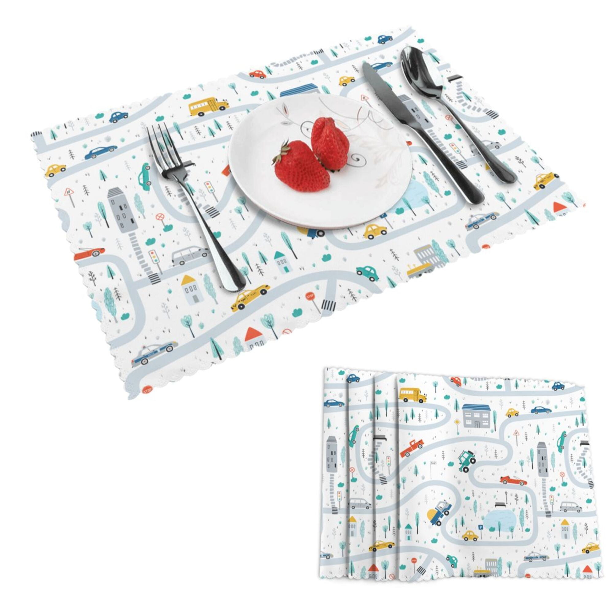 DouZhe Polyester Placemats Set of 4, Cartoon Cars Road Park Houses ...