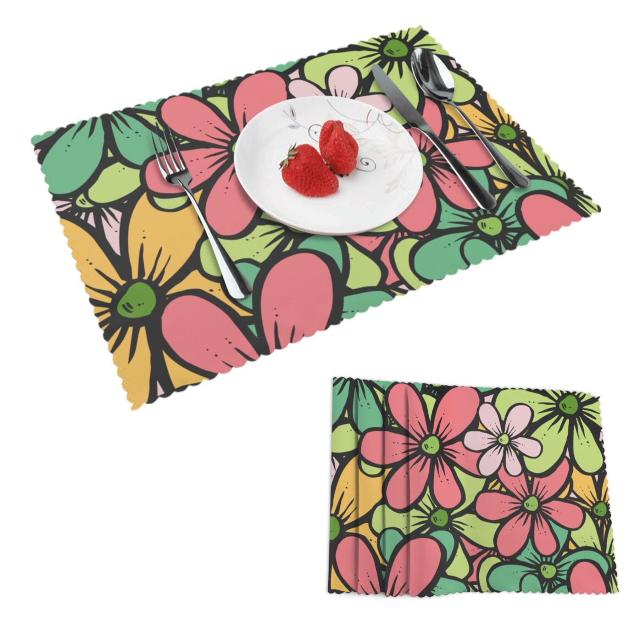 DouZhe Polyester Placemats Set of 4, Cartoon Colorful Floral Pattern ...