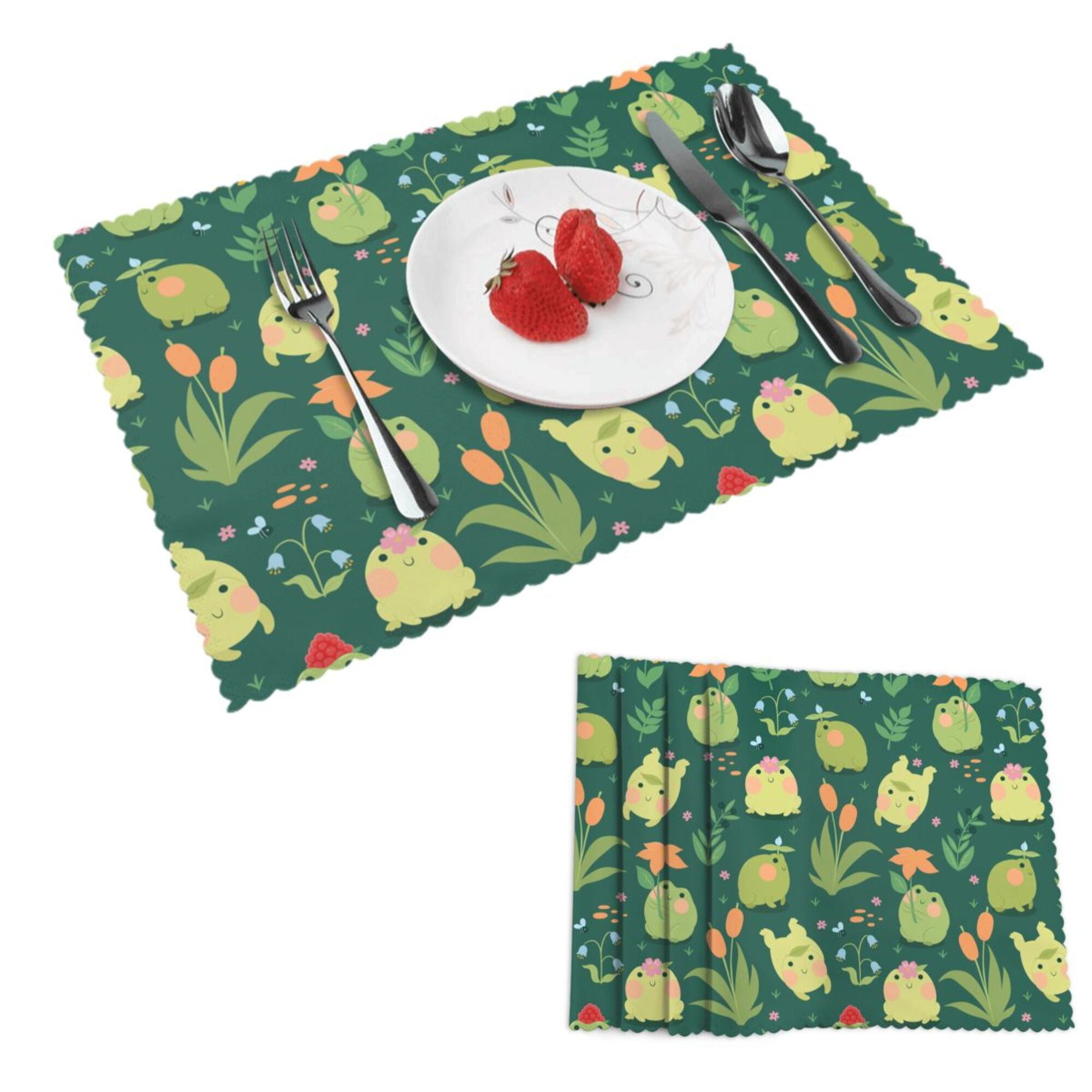 DouZhe Polyester Placemats Set of 4, Cartoon Flowers Cute Frogs Pattern ...