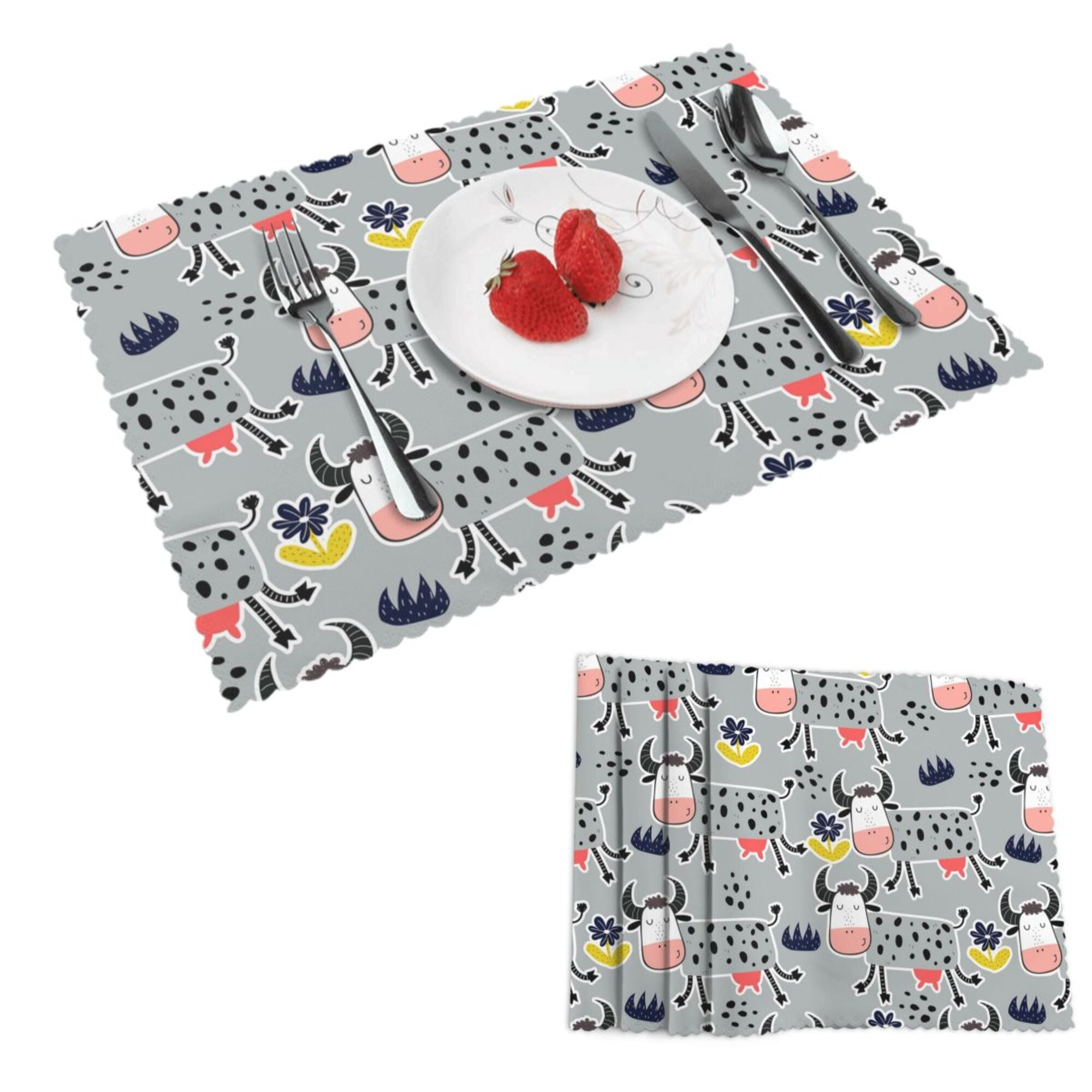 DouZhe Polyester Placemats Set of 4, Cartoon Happy Dairy Cows Pattern ...