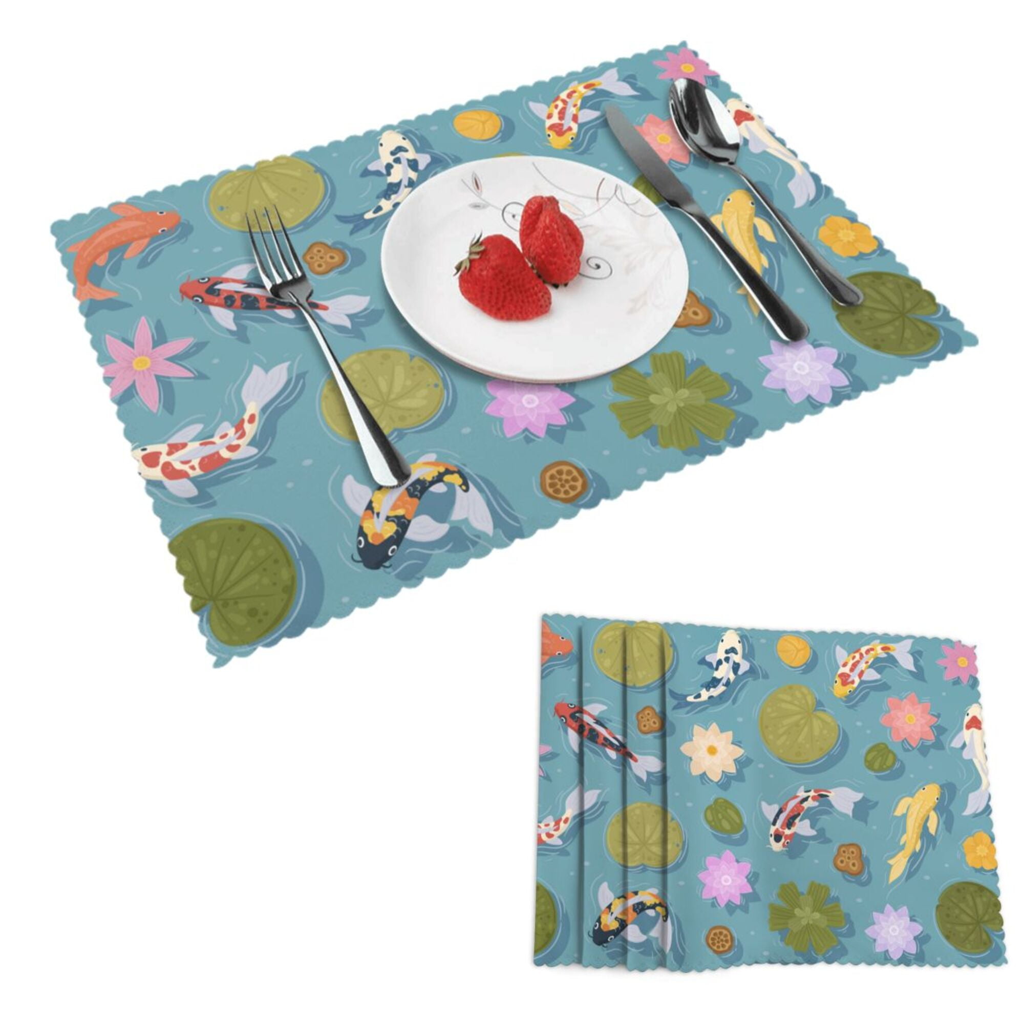 DouZhe Polyester Placemats Set of 4, Cartoon Oriental Koi Fish Pattern ...