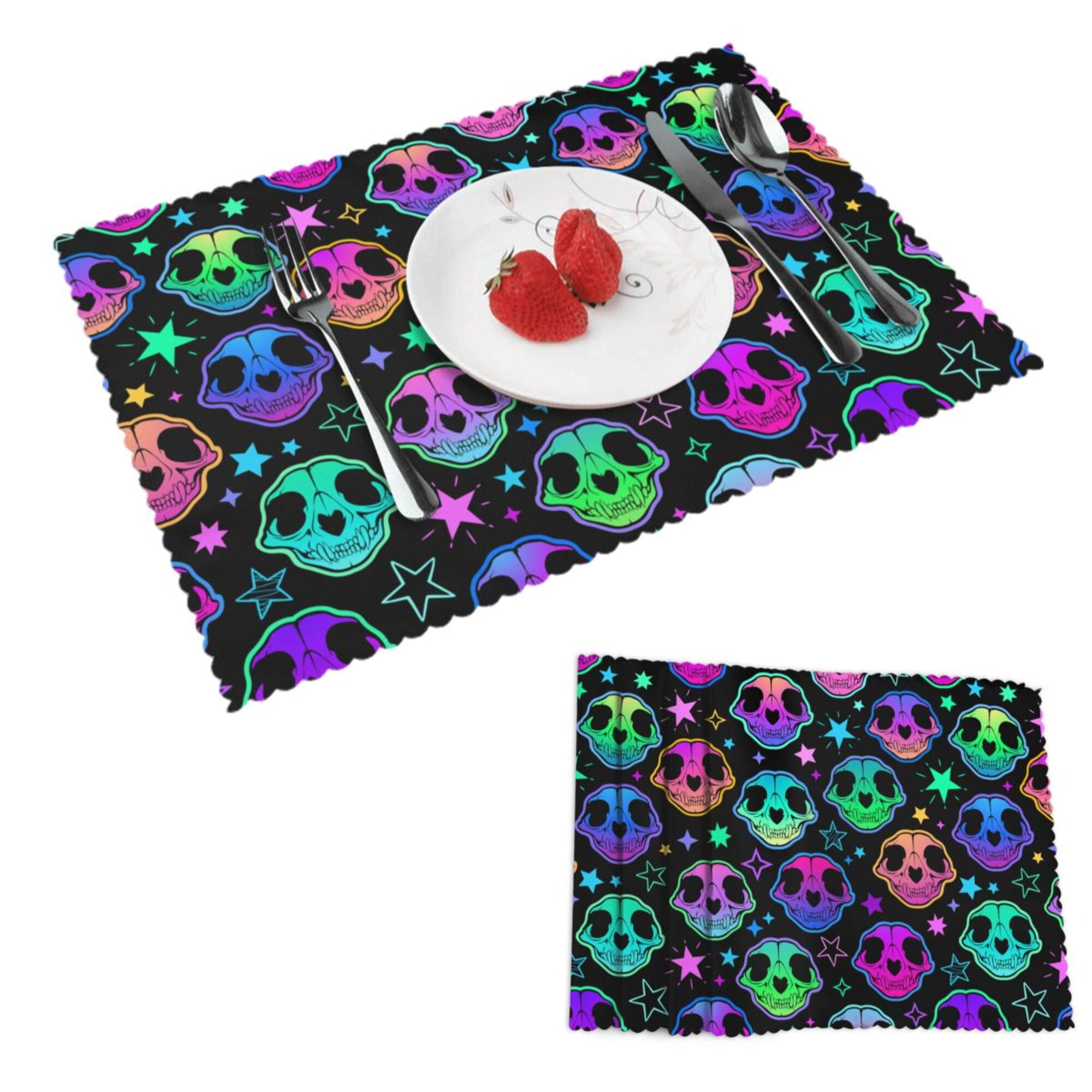 DouZhe Polyester Placemats Set of 4, Cartoon Rainbow Cat Skulls Pattern ...