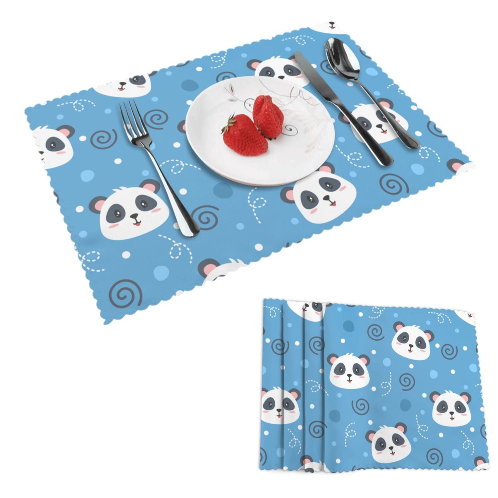 DouZhe Polyester Placemats Set of 4, Cute Cartoon Pandas Blue Pattern ...