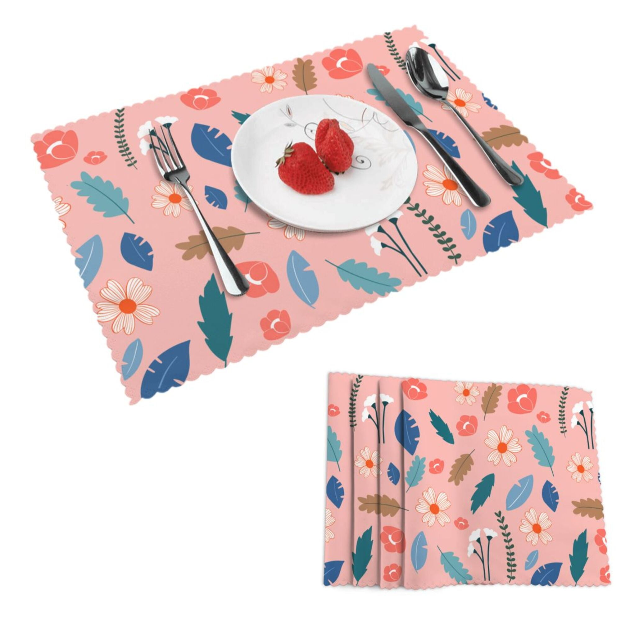DouZhe Polyester Placemats Set of 4, Cute Cartoon Pink Flowers Leaves ...