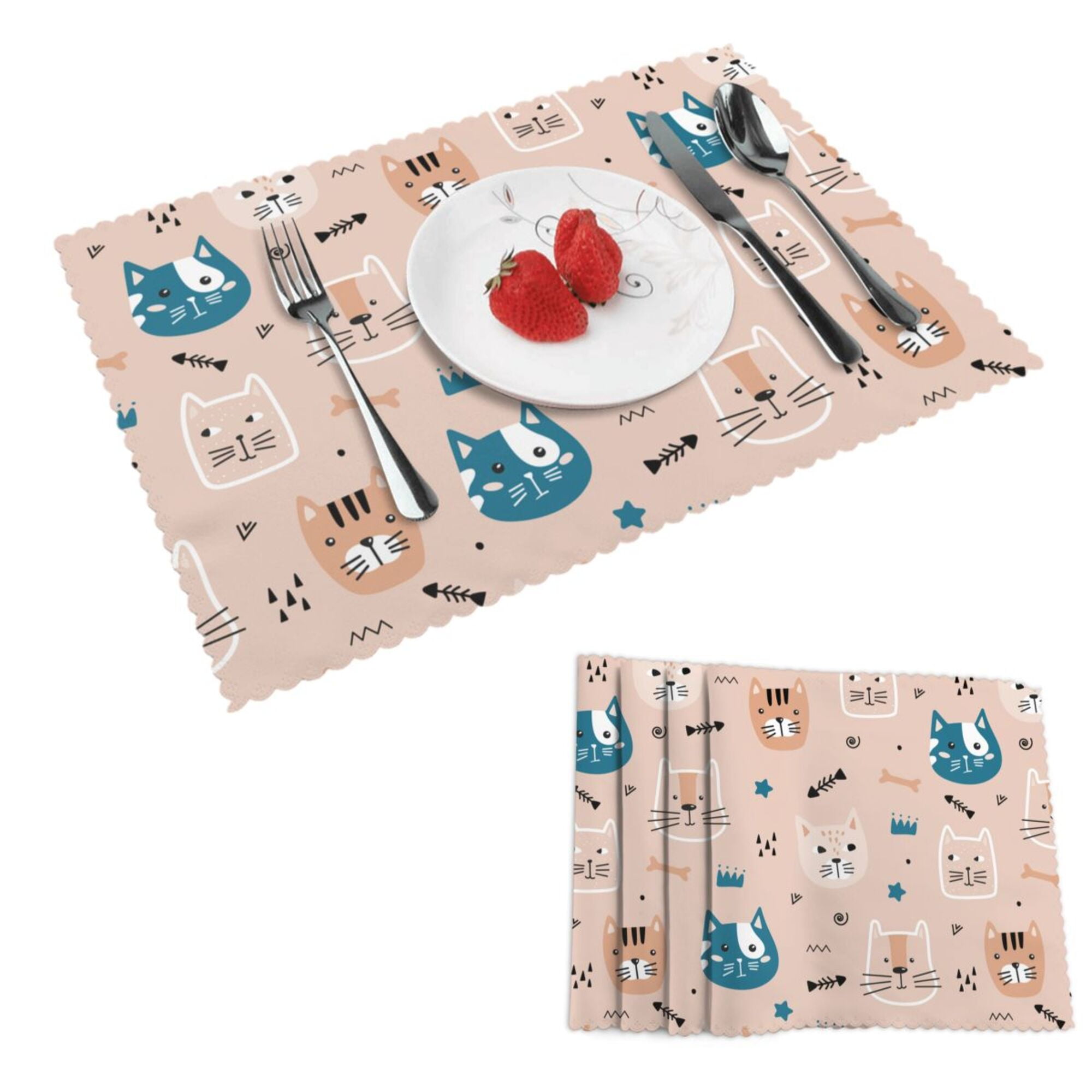 DouZhe Polyester Placemats Set of 4, Cute Cat Fish Graffiti Pattern ...