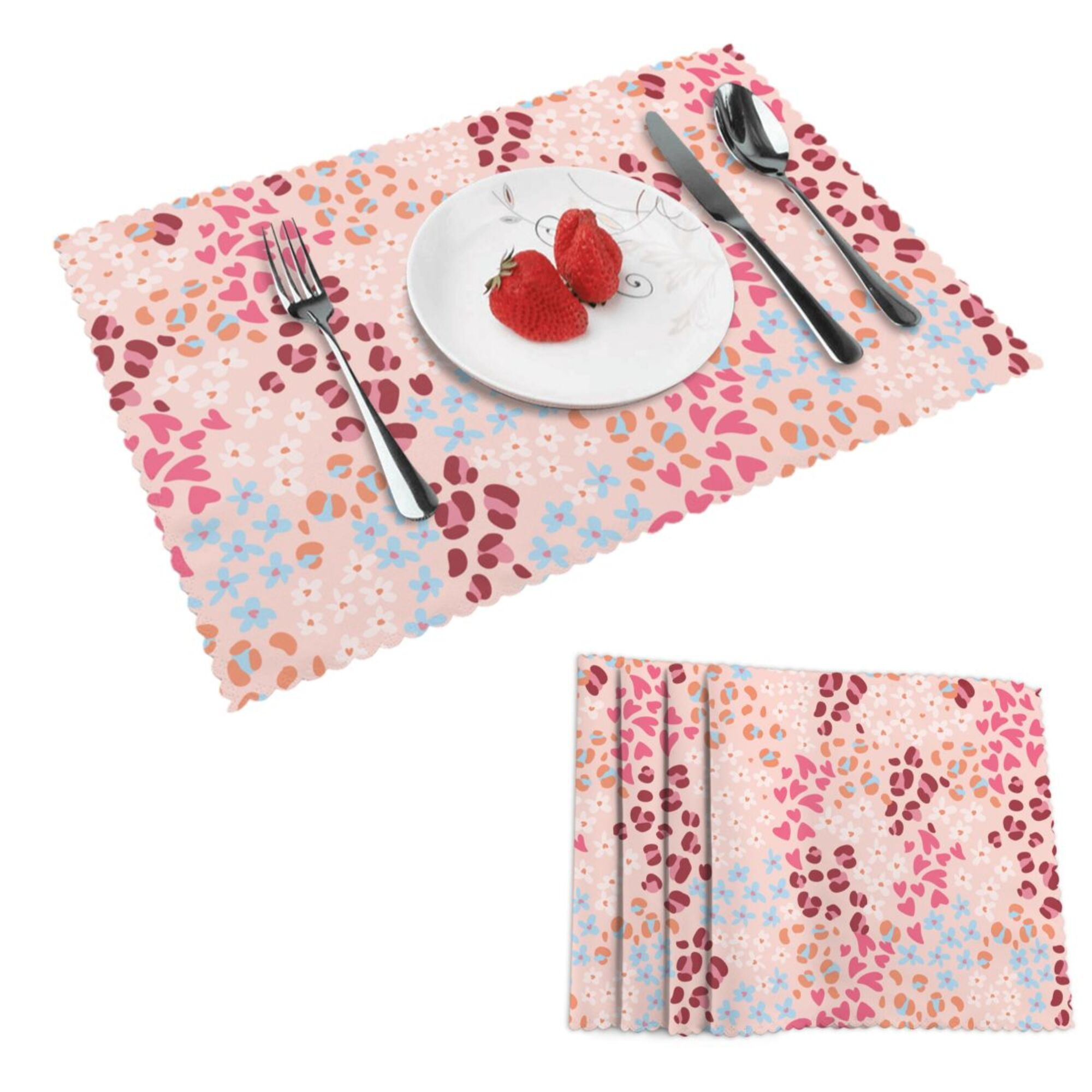 DouZhe Polyester Placemats Set of 4, Cute Flowers Pink Hearts Pattern ...