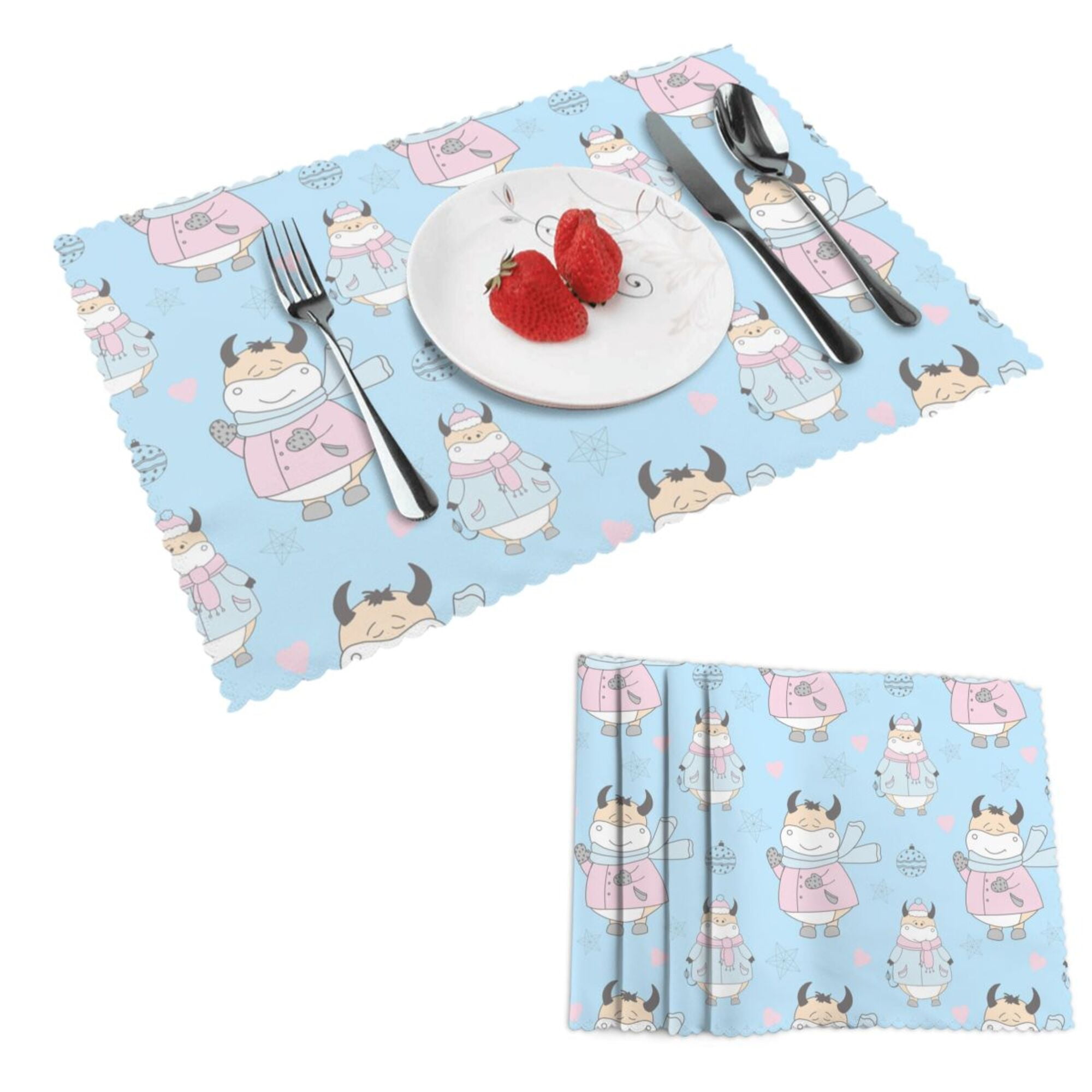 DouZhe Polyester Placemats Set of 4, Cute Pink Cartoon Cows Pattern ...