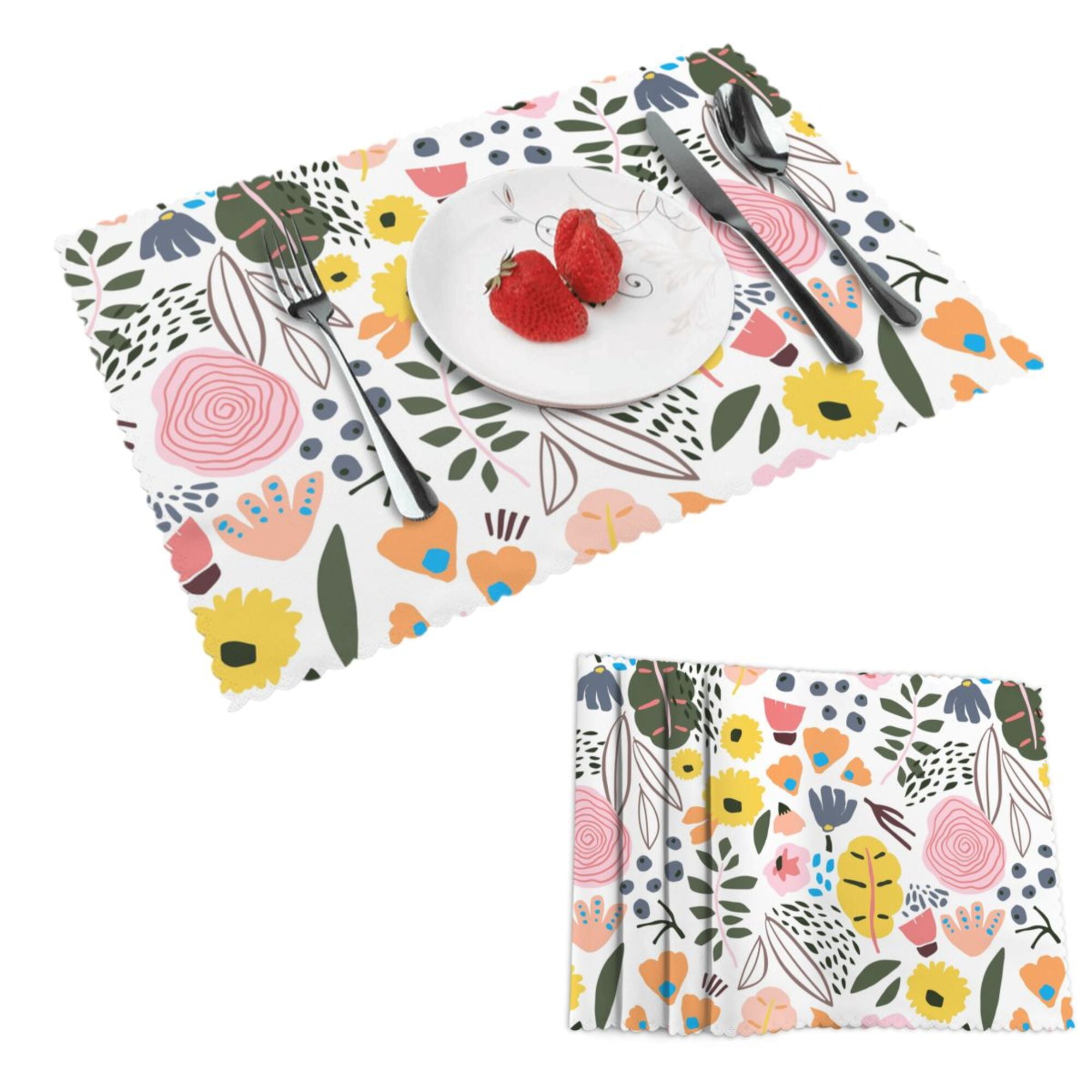 DouZhe Polyester Placemats Set of 4, Cute Watercolor Flowers Leaves ...